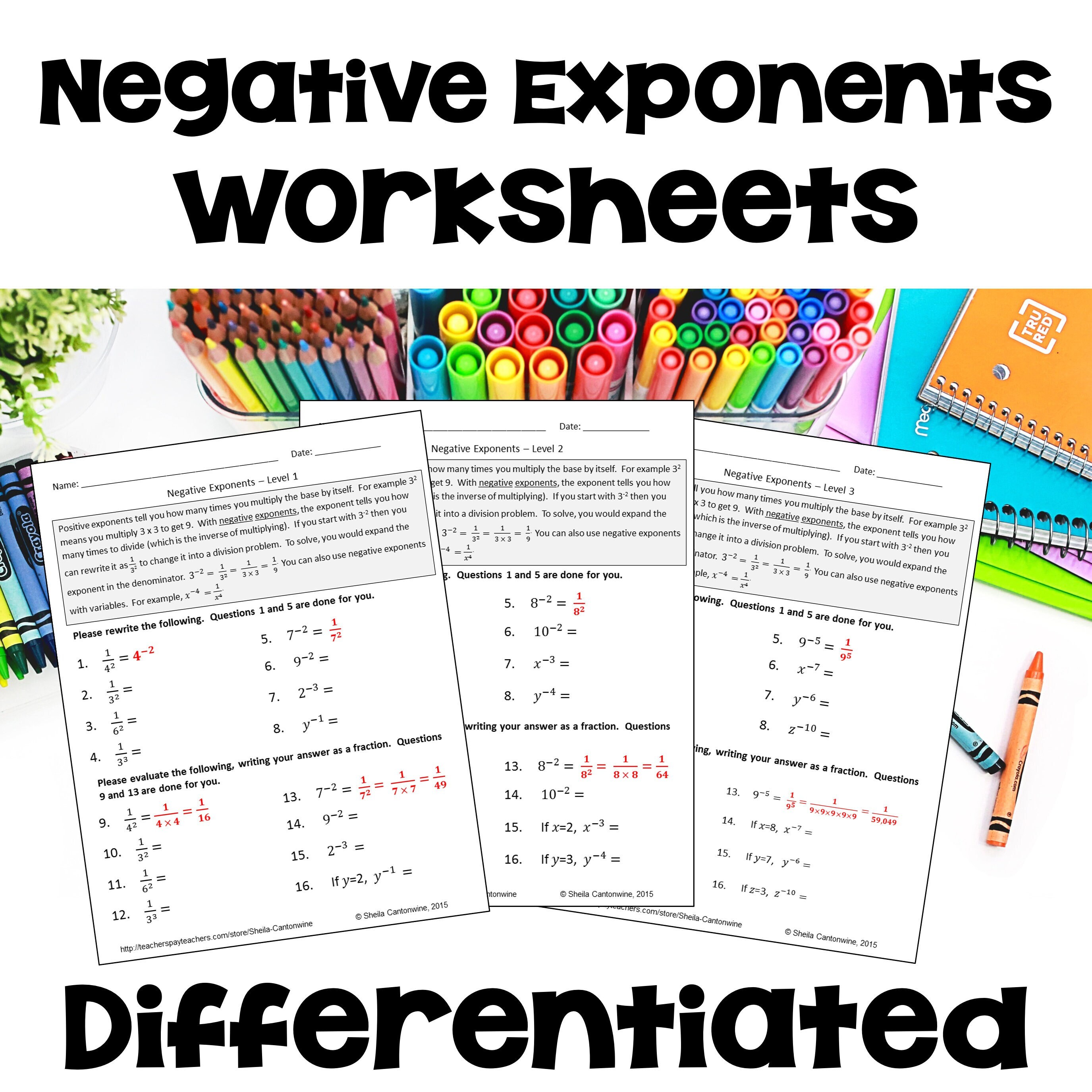 Negative Exponents Worksheets - Differentiated - Etsy