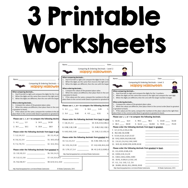 Halloween Math Worksheets for Comparing and Ordering Decimals - Etsy