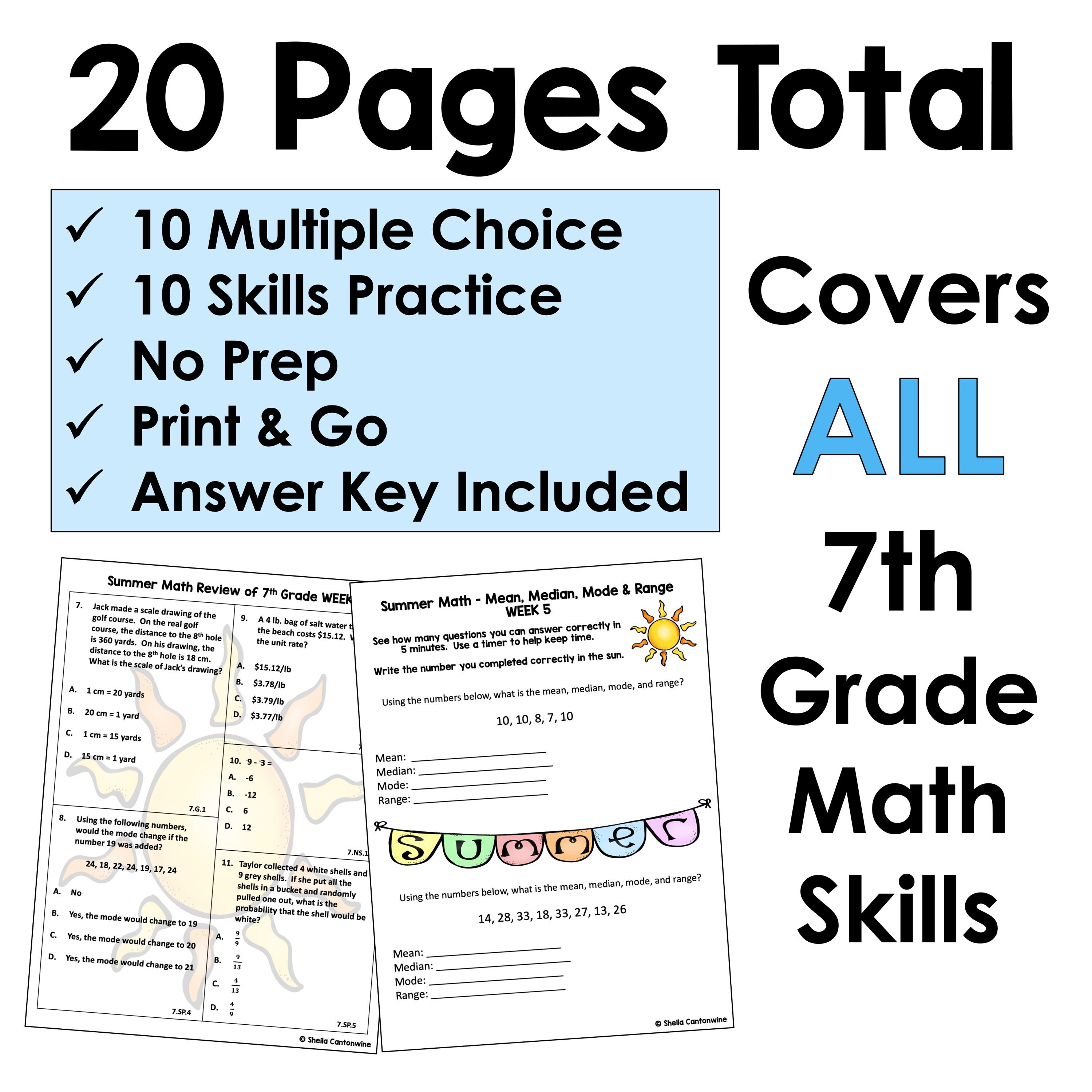 7th Grade Math Summer Review Packet Worksheets - No Prep Activities ...