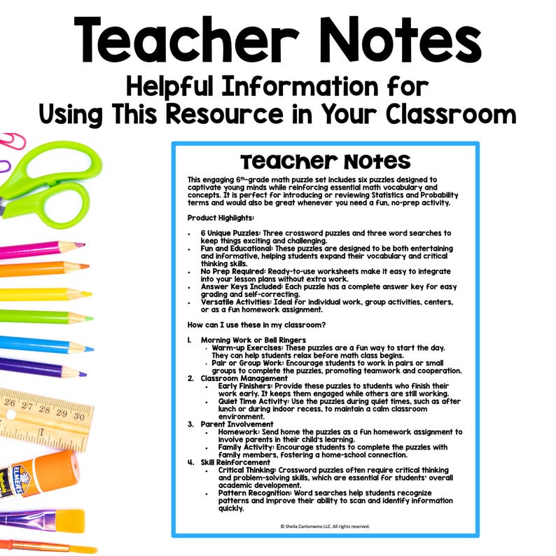 6th Grade Math Vocabulary Crossword Puzzles and Word Searches - No Prep ...