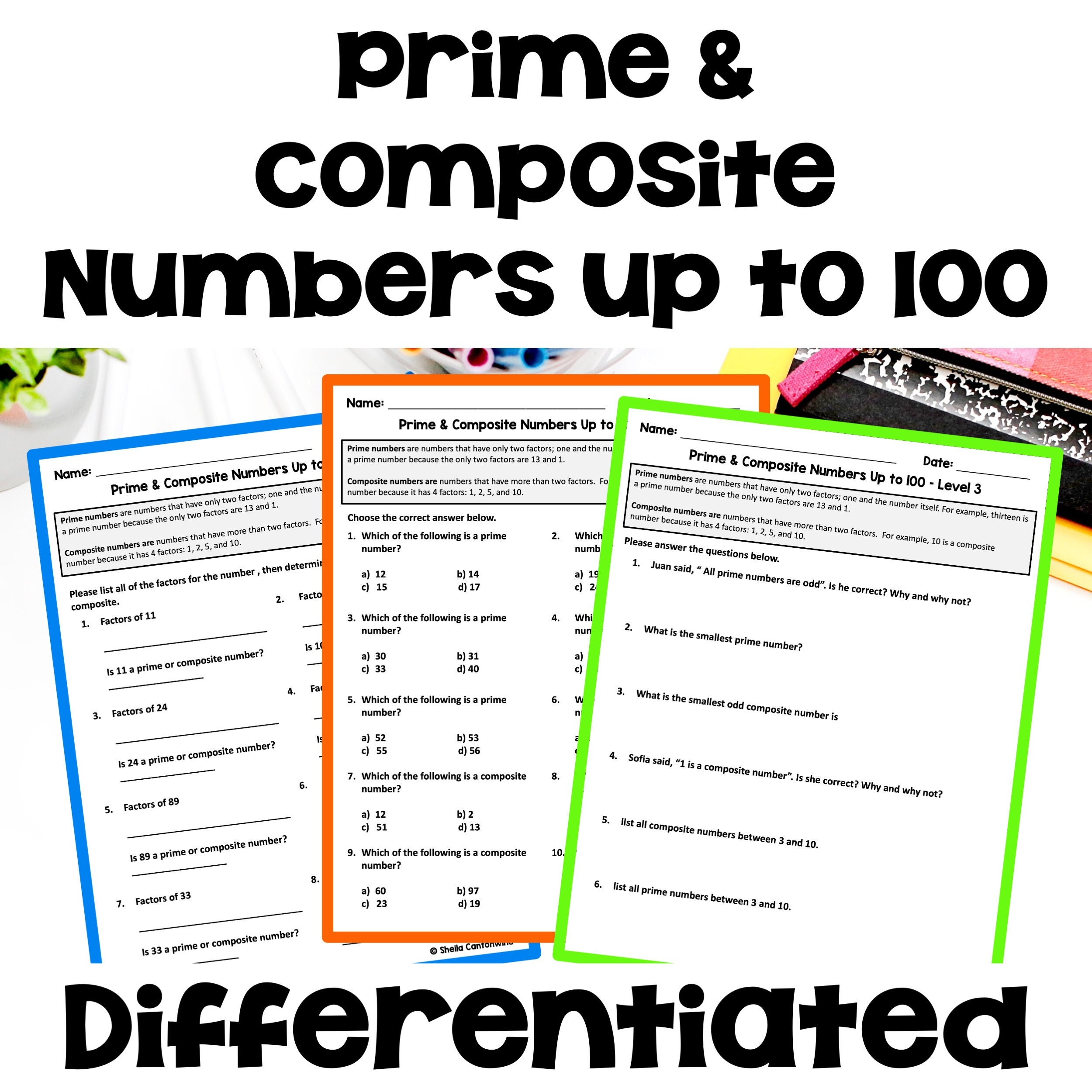 Prime and Composite Numbers up to 100 Worksheets - Differentiated - Etsy