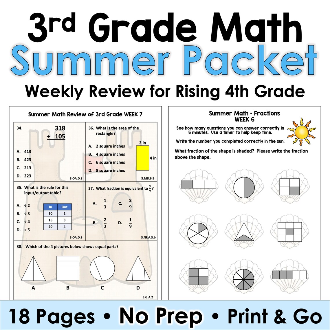 3rd Grade Math Summer Review Packet Worksheets - No Prep Activities for ...