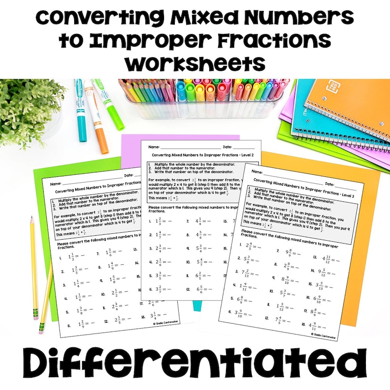 Converting Mixed Numbers to Improper Fractions Worksheets – Differentiated - Etsy