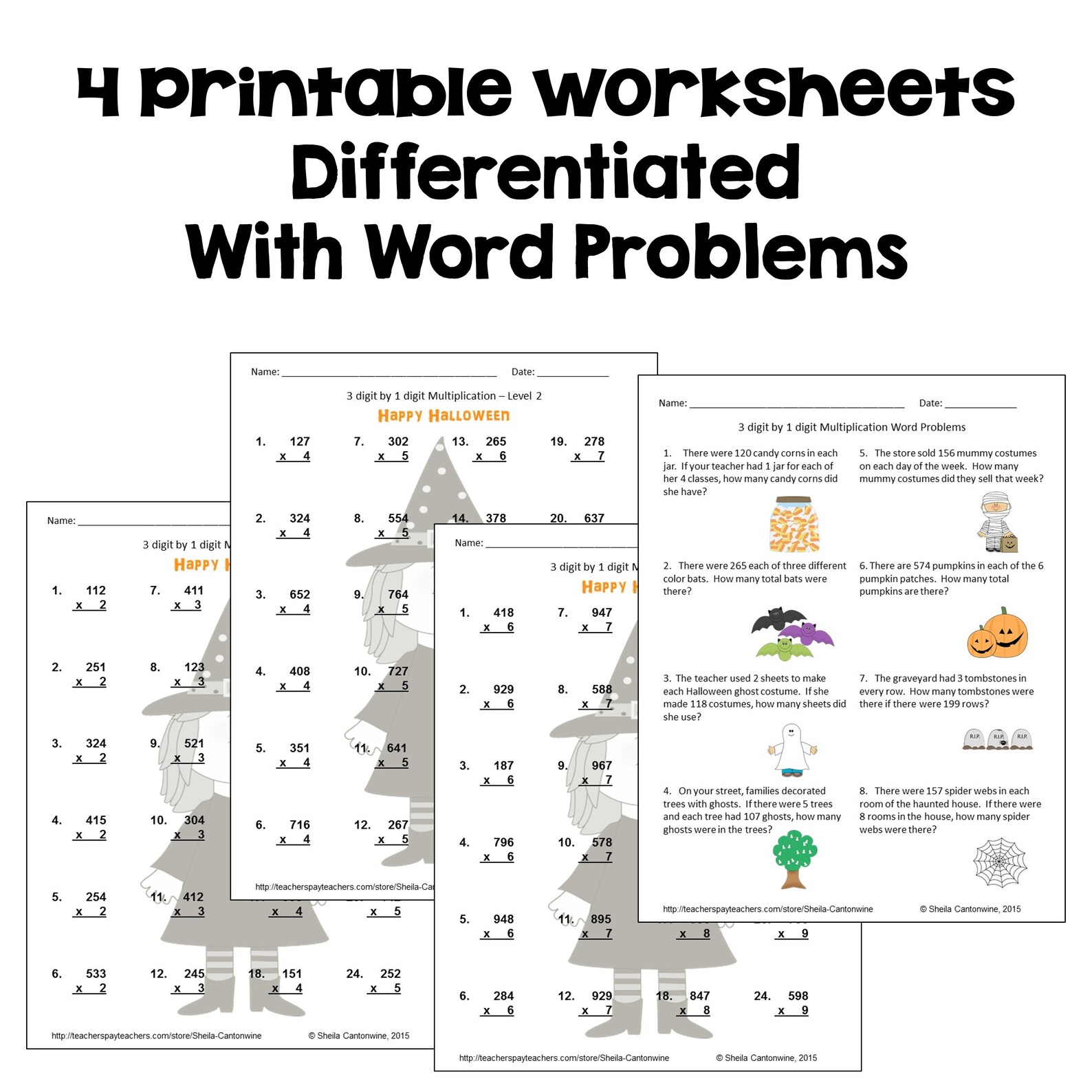 Halloween Math Worksheets for 3 Digit by 1 Digit - Etsy