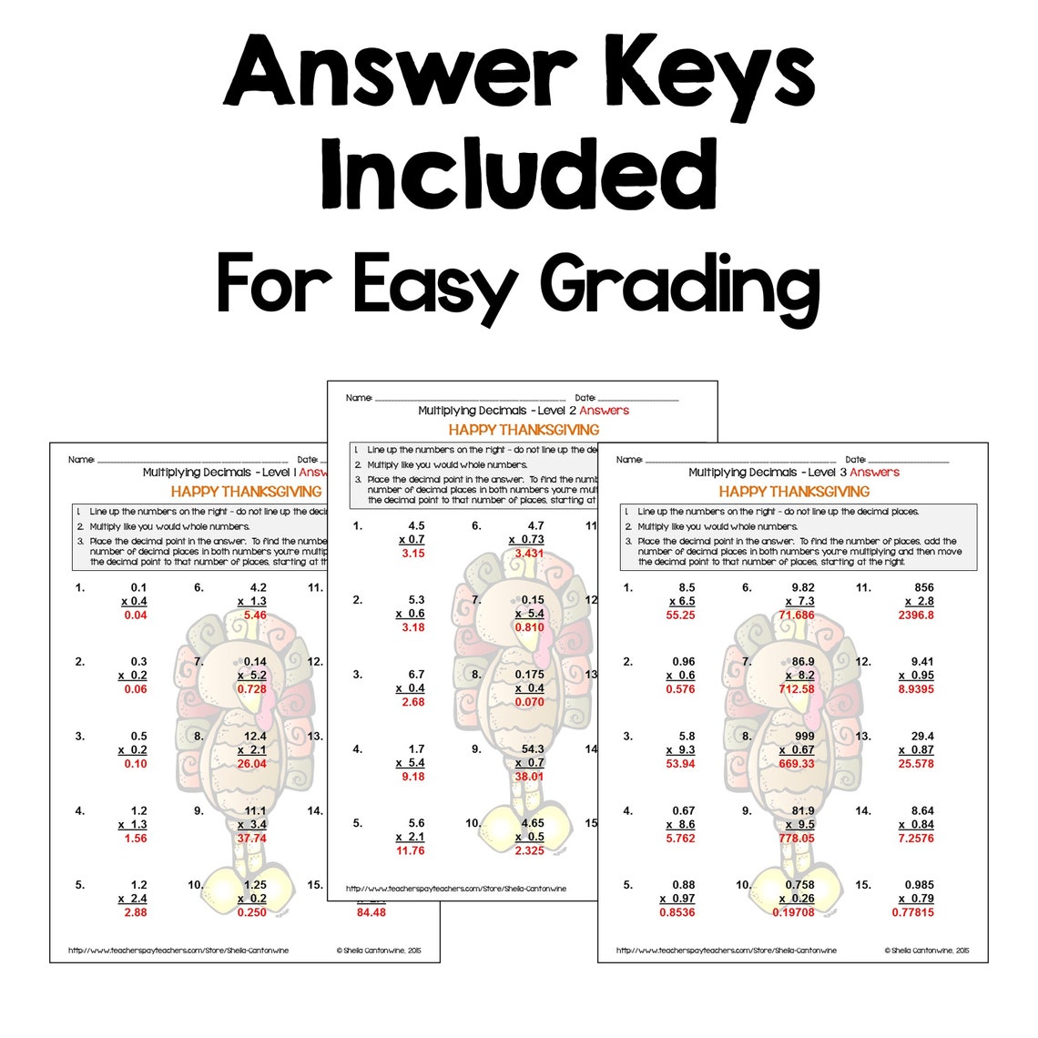 Thanksgiving Math Multiplying Decimals Worksheets – Differentiated - Etsy