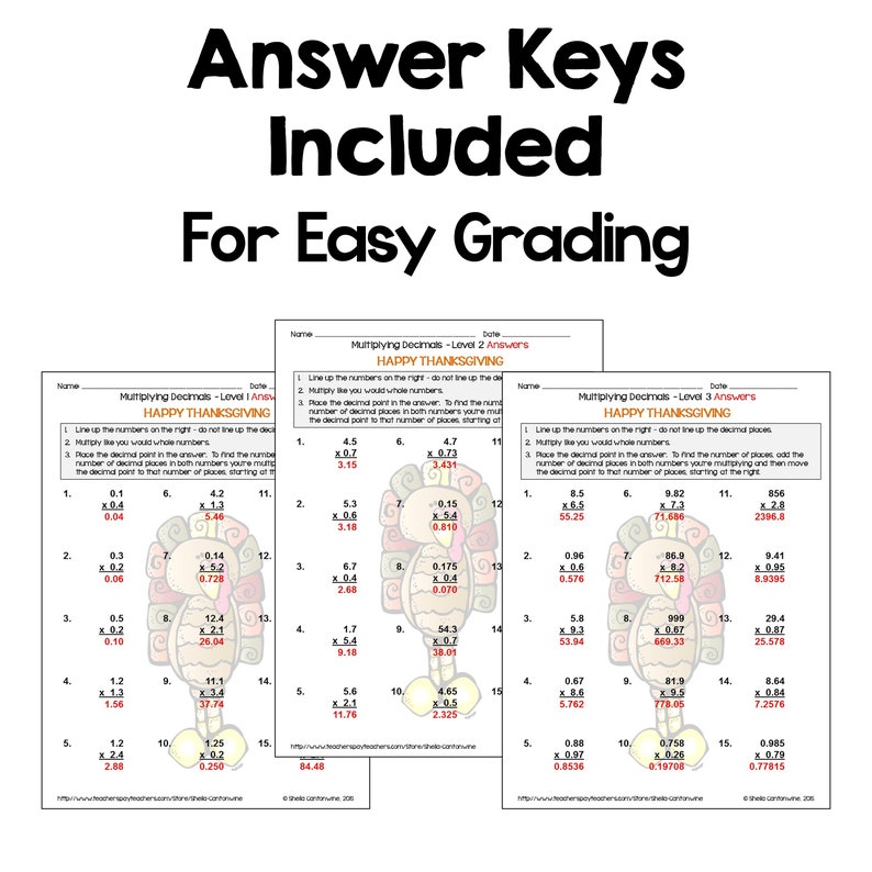 Thanksgiving Math Multiplying Decimals Worksheets – Differentiated - Etsy