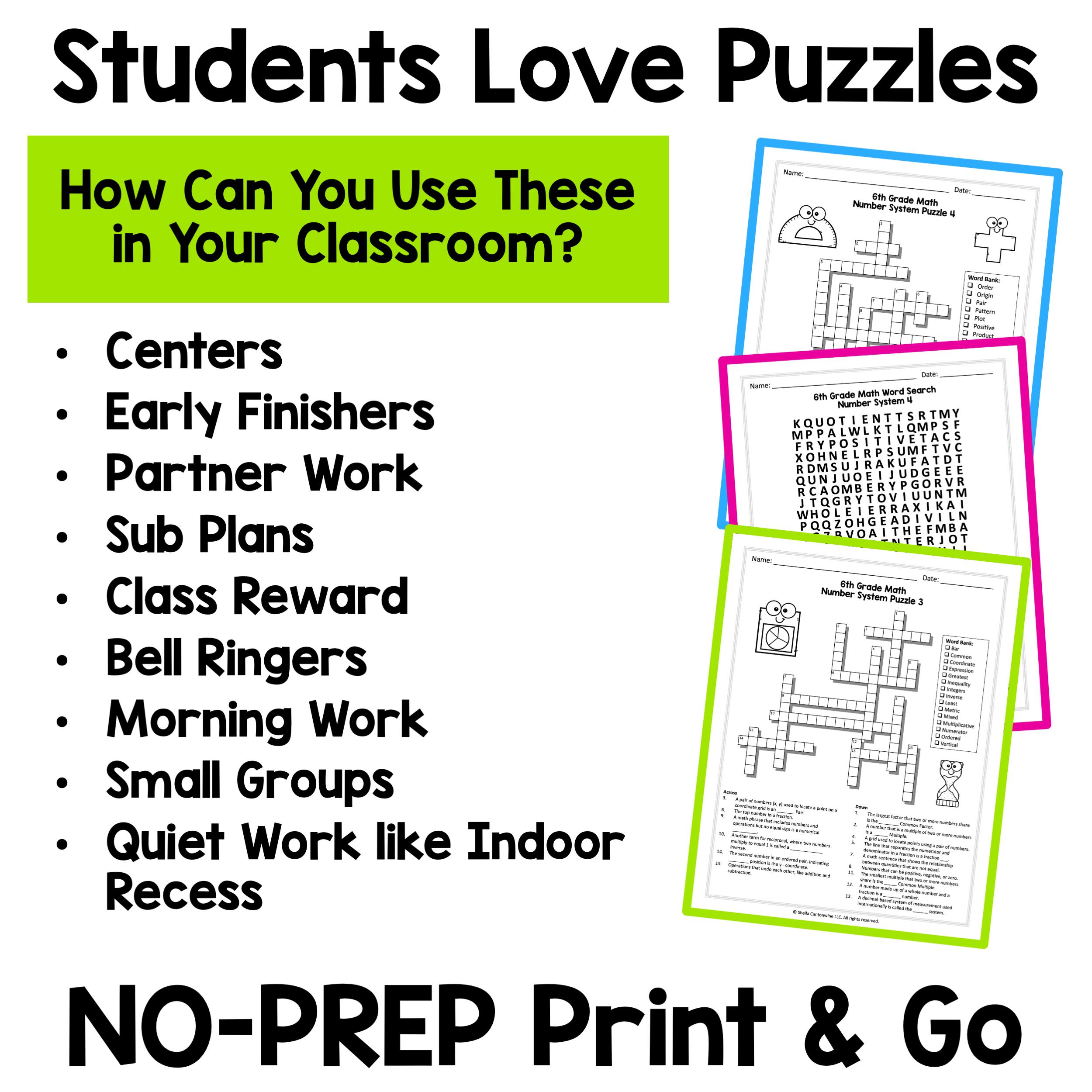 6th Grade Math Vocabulary Crossword Puzzles and Word Searches - No Prep ...