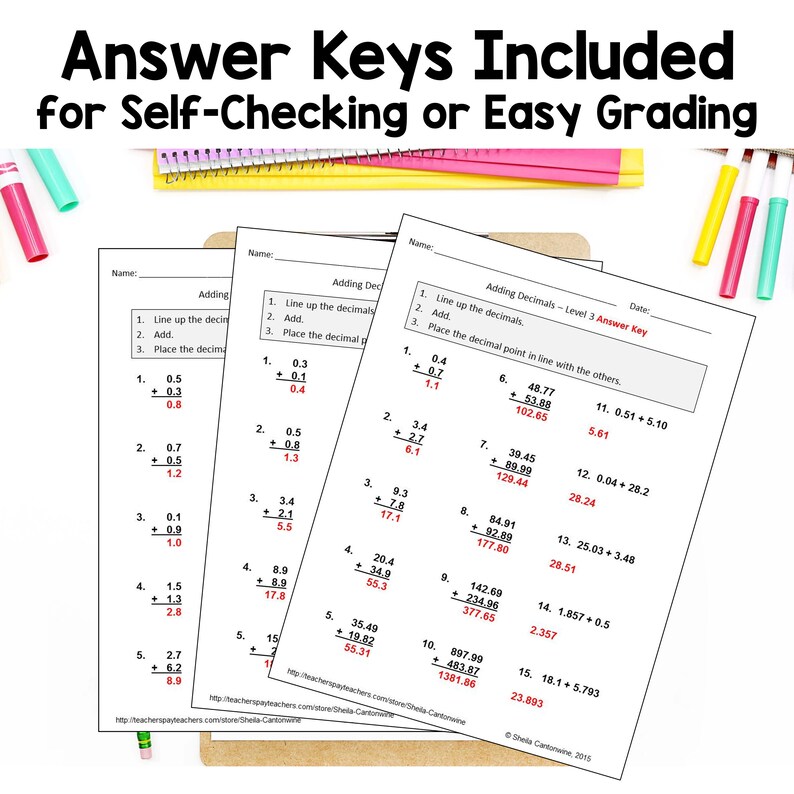 Adding Decimals Worksheets - Differentiated - Etsy