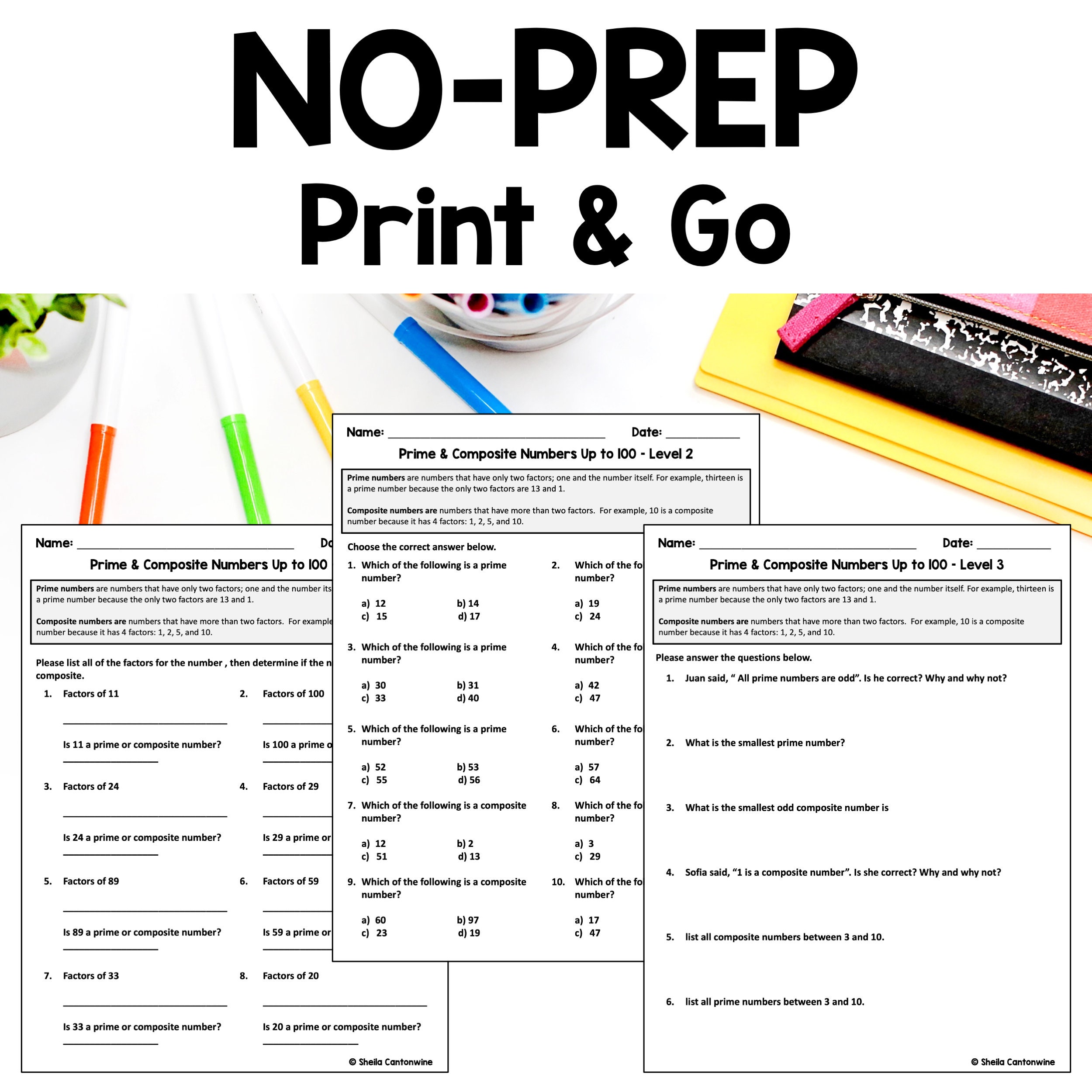 Prime and Composite Numbers up to 100 Worksheets - Differentiated - Etsy