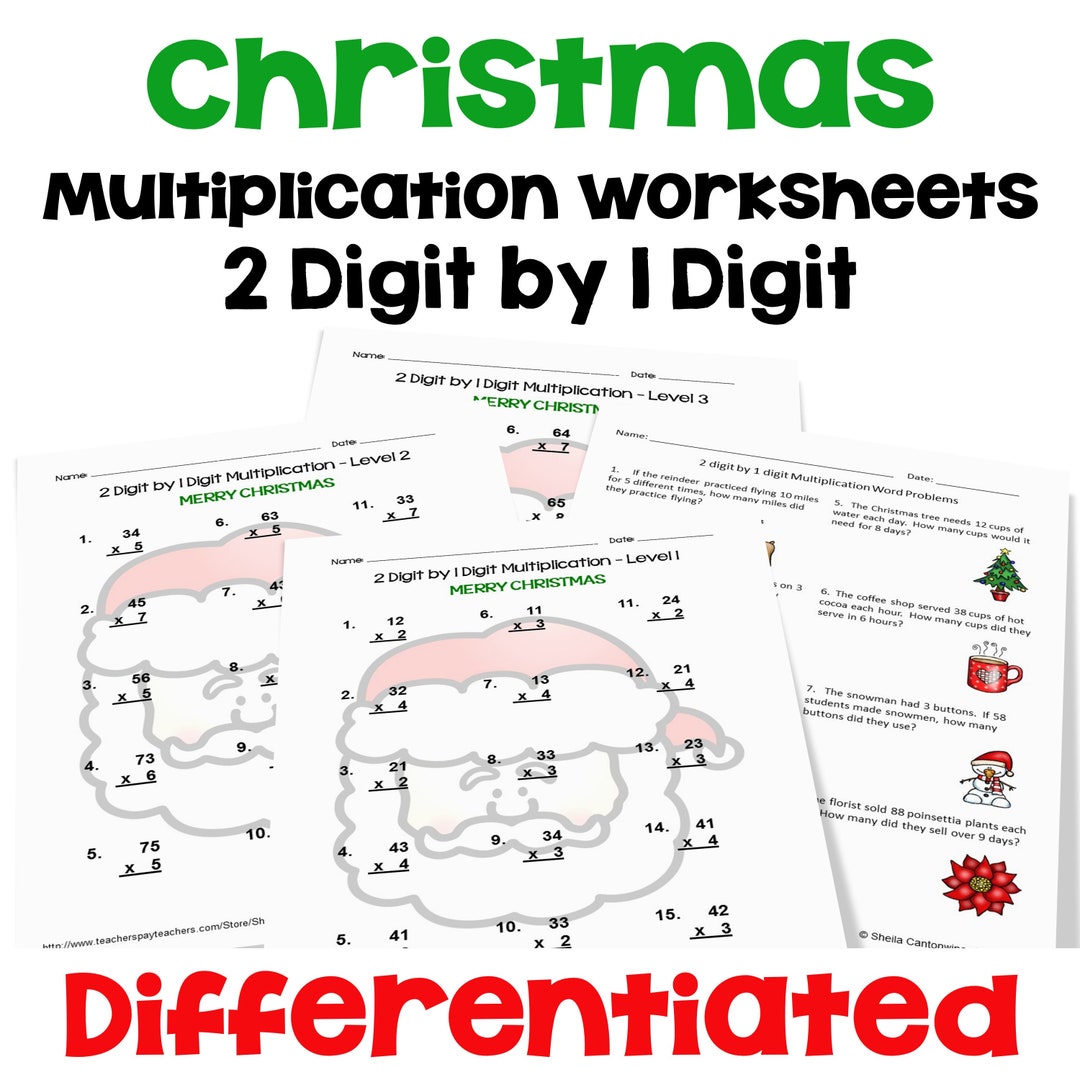Christmas 2 Digit by 1 Digit Multiplication Worksheets With Word ...