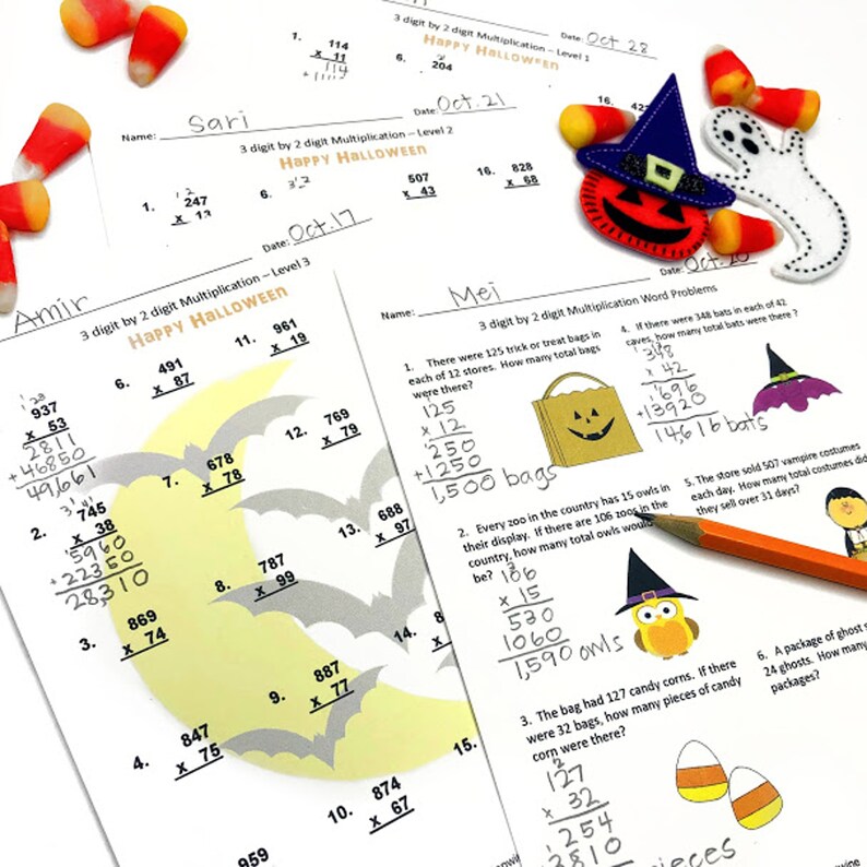 Halloween Math Worksheets for 3 Digit by 2 Digit Multiplication - Etsy