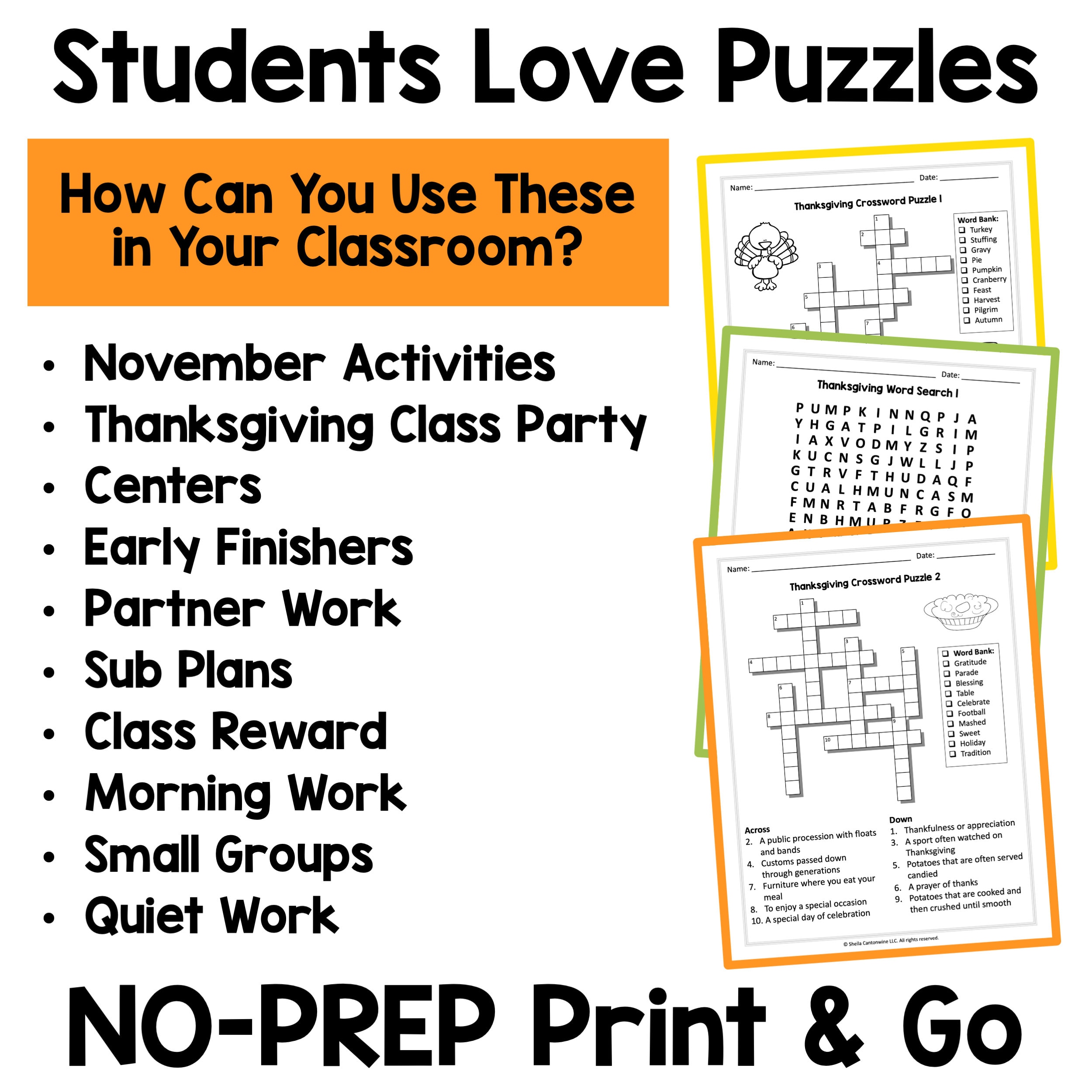 Thanksgiving and November Crossword Puzzles and Word Searches - No Prep ...