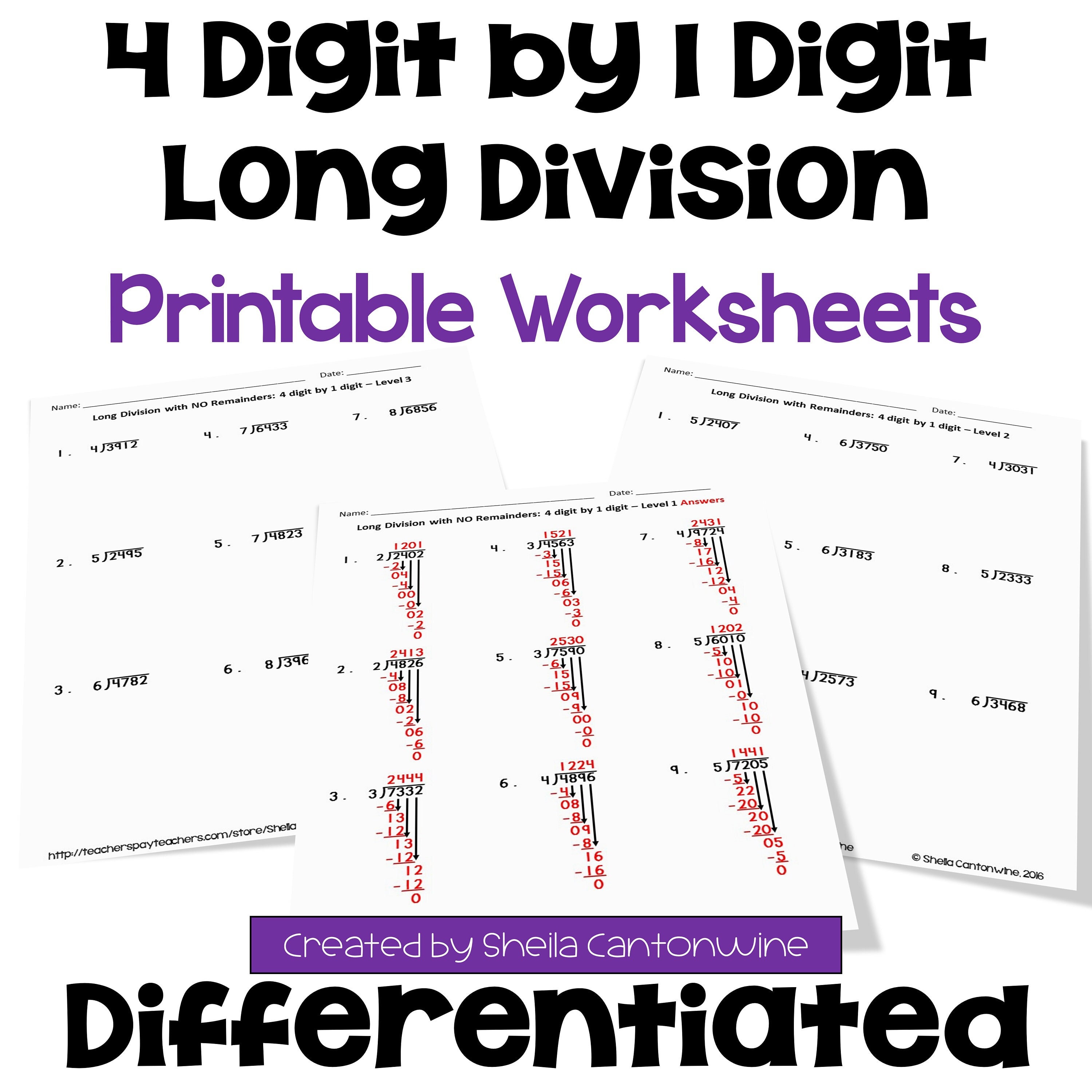 4 Digit by 1 Digit Long Division Worksheets With Detailed - Etsy
