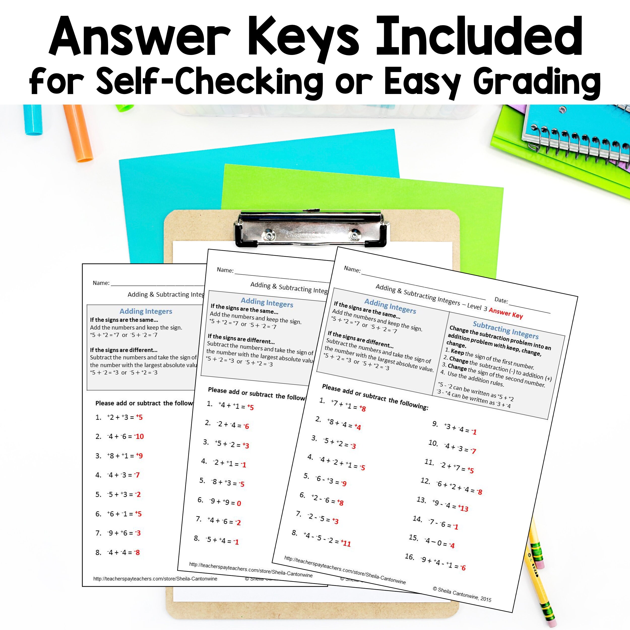 Adding and Subtracting Integers Worksheets - Differentiated - Etsy