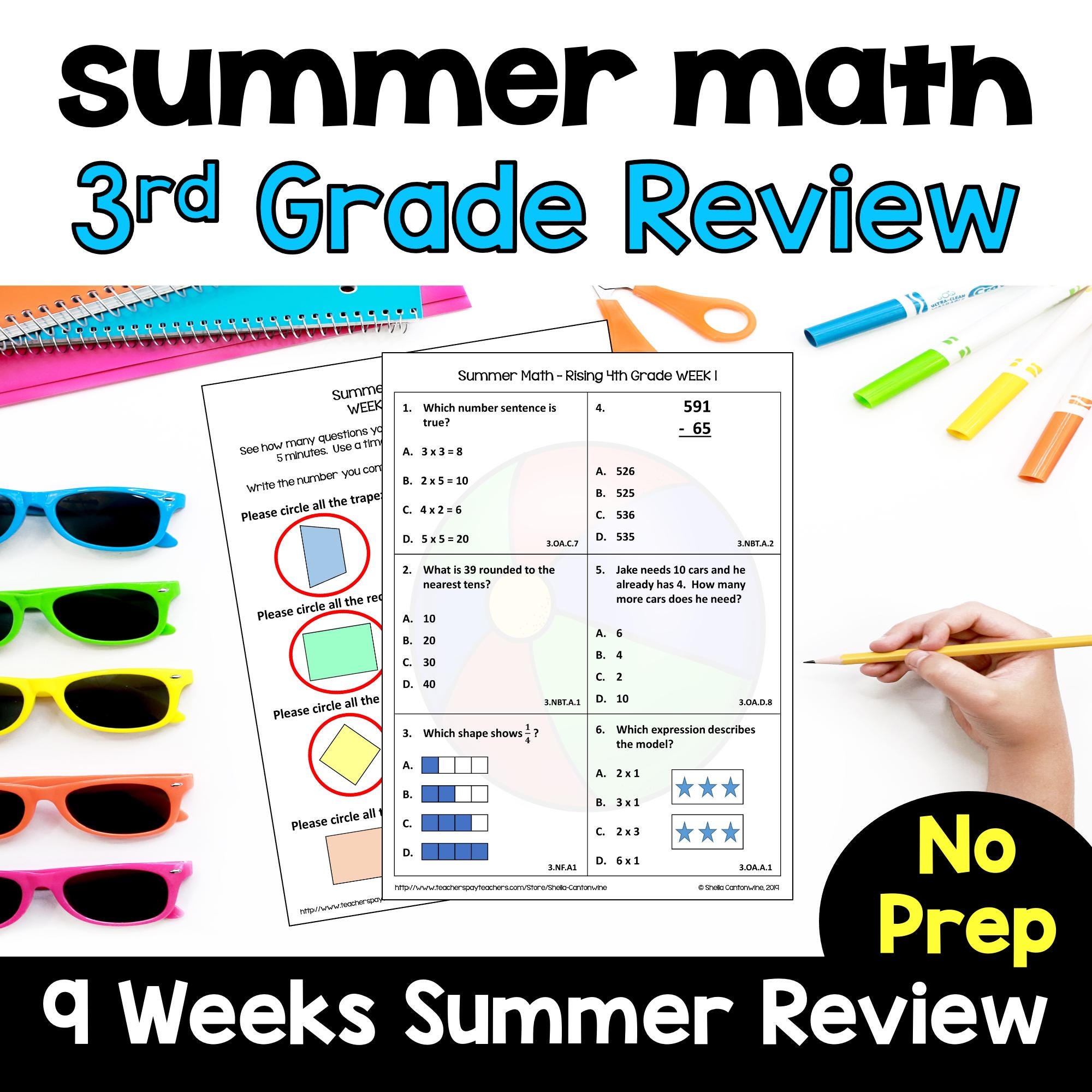 3rd Grade Math Summer Review Packet Worksheets - No Prep Activities for ...