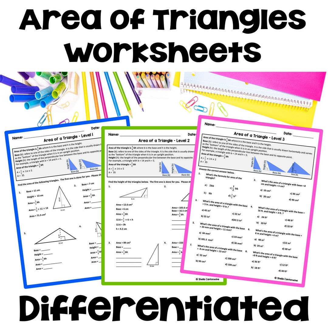 Area of a Triangle Differentiated Worksheets - Etsy