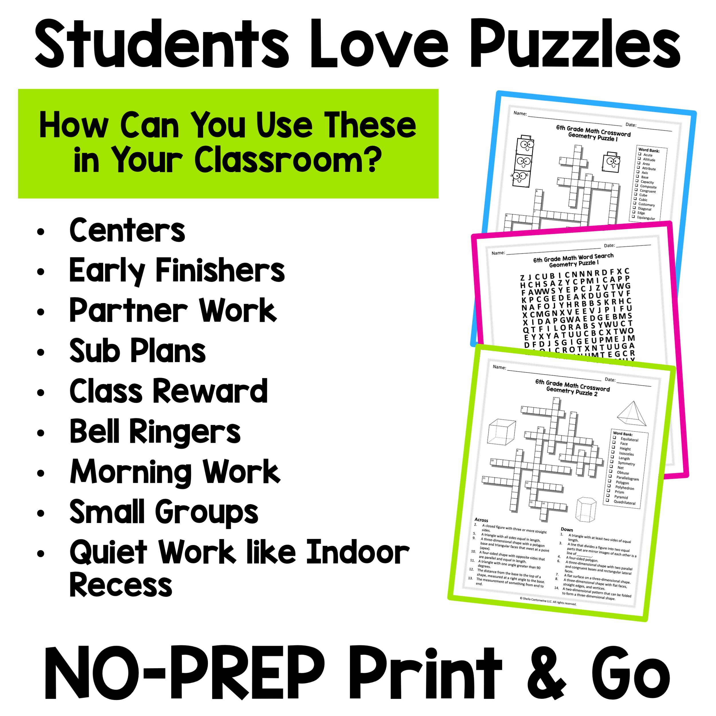 6th Grade Math Vocabulary Crossword Puzzles and Word Searches - No Prep ...