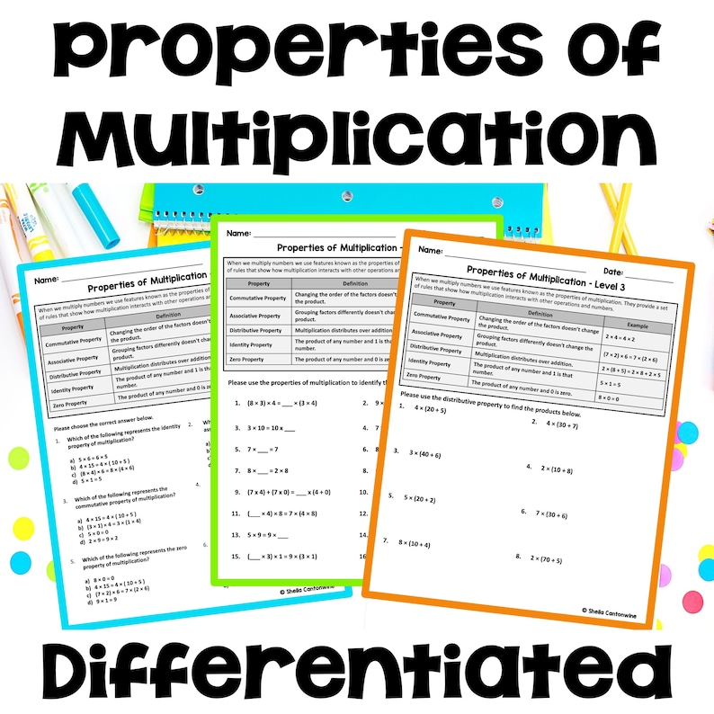 Properties of Multiplication - Differentiated Worksheets - Etsy