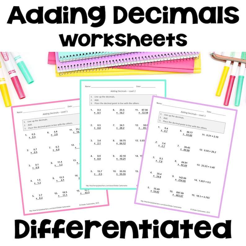 Adding Decimals Worksheets - Differentiated - Etsy