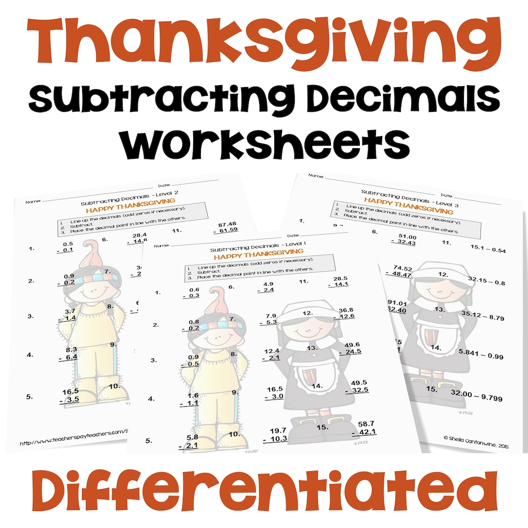 Thanksgiving Math Subtracting Decimals Worksheets – Differentiated - Etsy