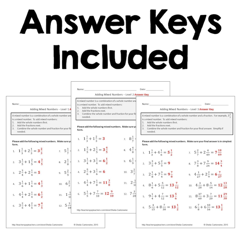 Adding Mixed Numbers Worksheets Differentiated - Etsy