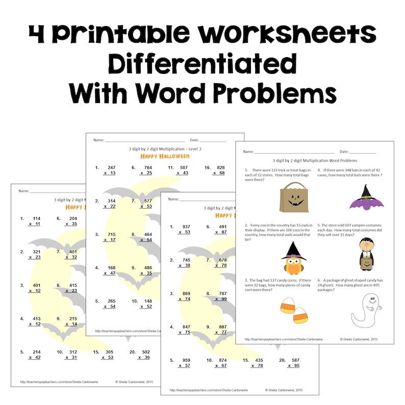 Halloween Math Worksheets for 3 Digit by 2 Digit Multiplication - Etsy