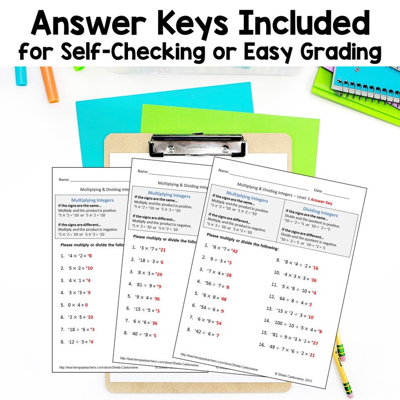 Multiplying and Dividing Integers Worksheets - Differentiated - Etsy