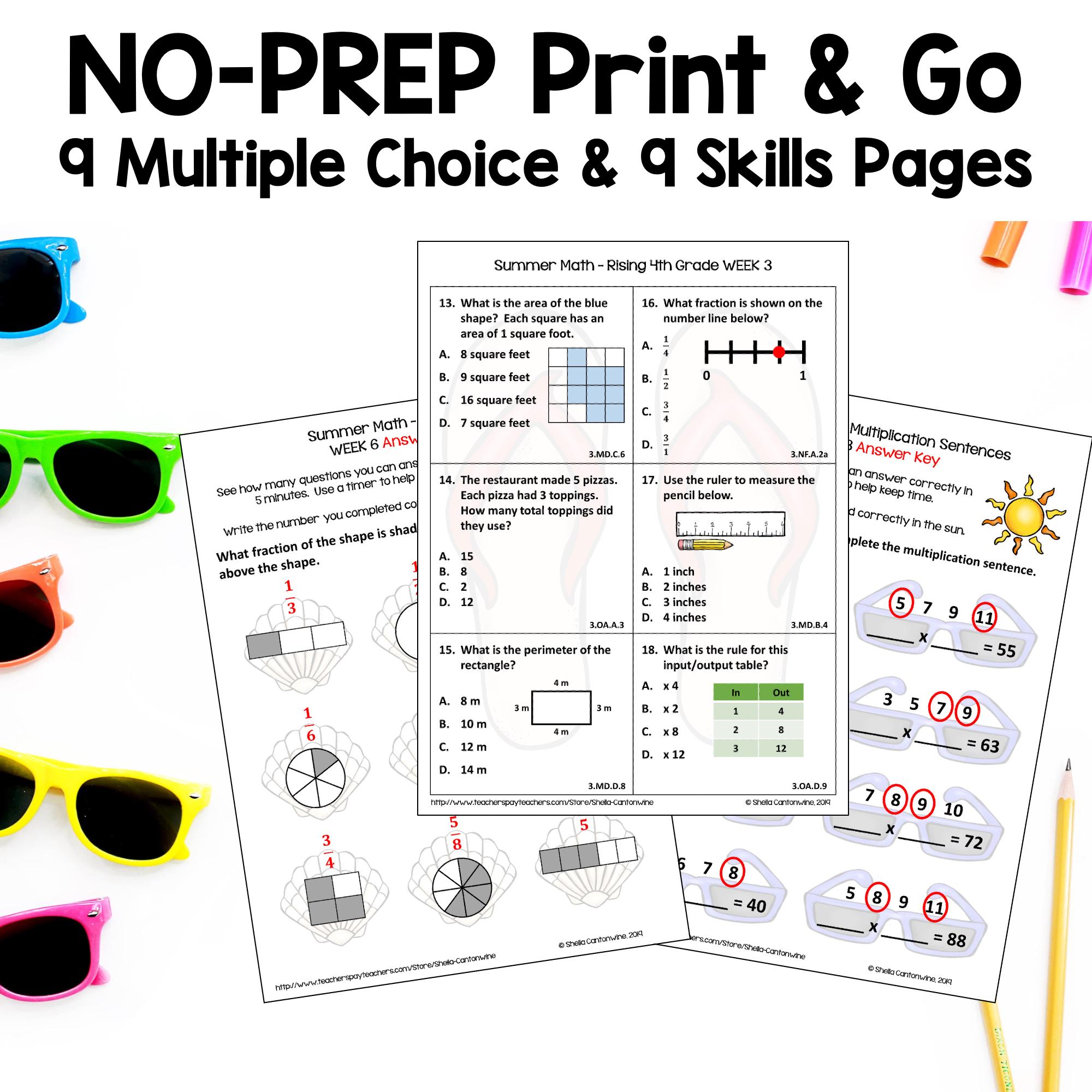 3rd Grade Math Summer Review Packet Worksheets - No Prep Activities for ...