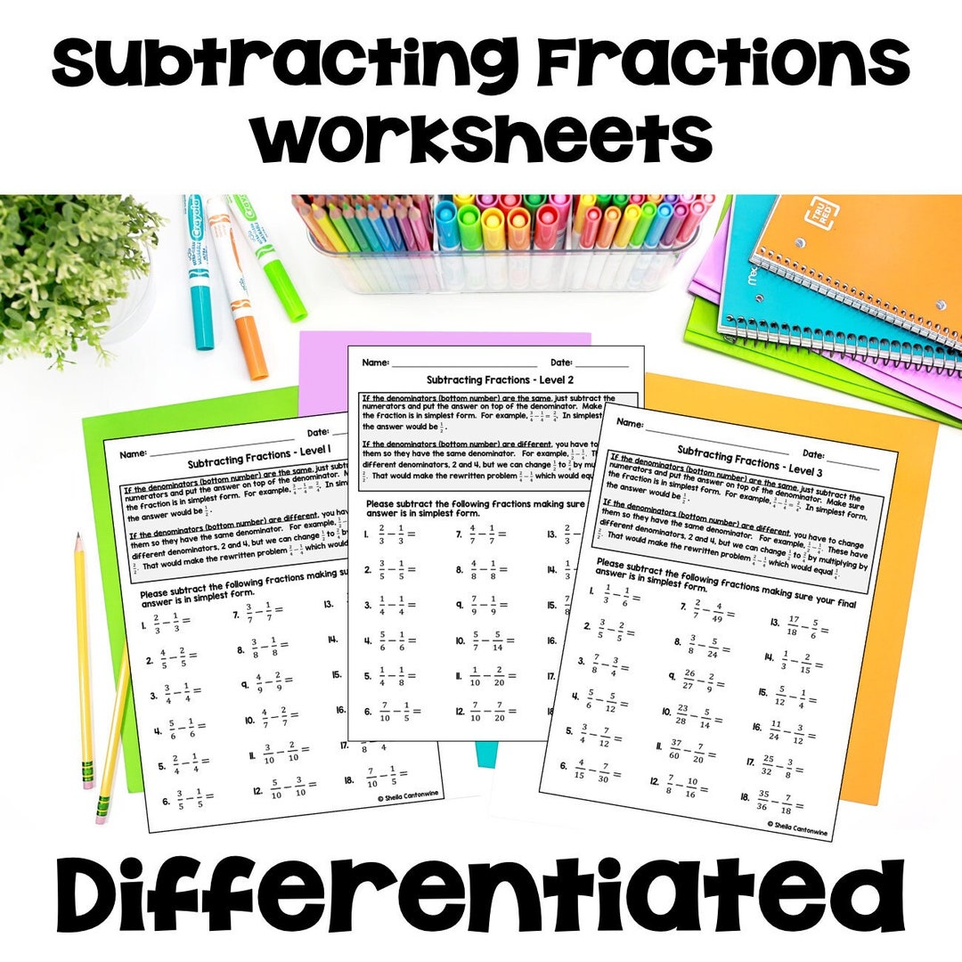 Subtracting Fractions Worksheets – Differentiated - Etsy