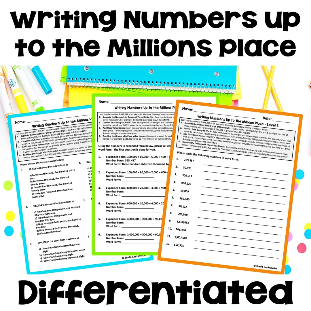 Writing Numbers up to the Millions Place Worksheets - Differentiated - Etsy