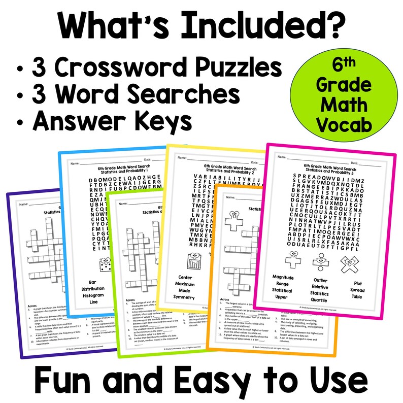6th Grade Math Vocabulary Crossword Puzzles and Word Searches - No Prep ...