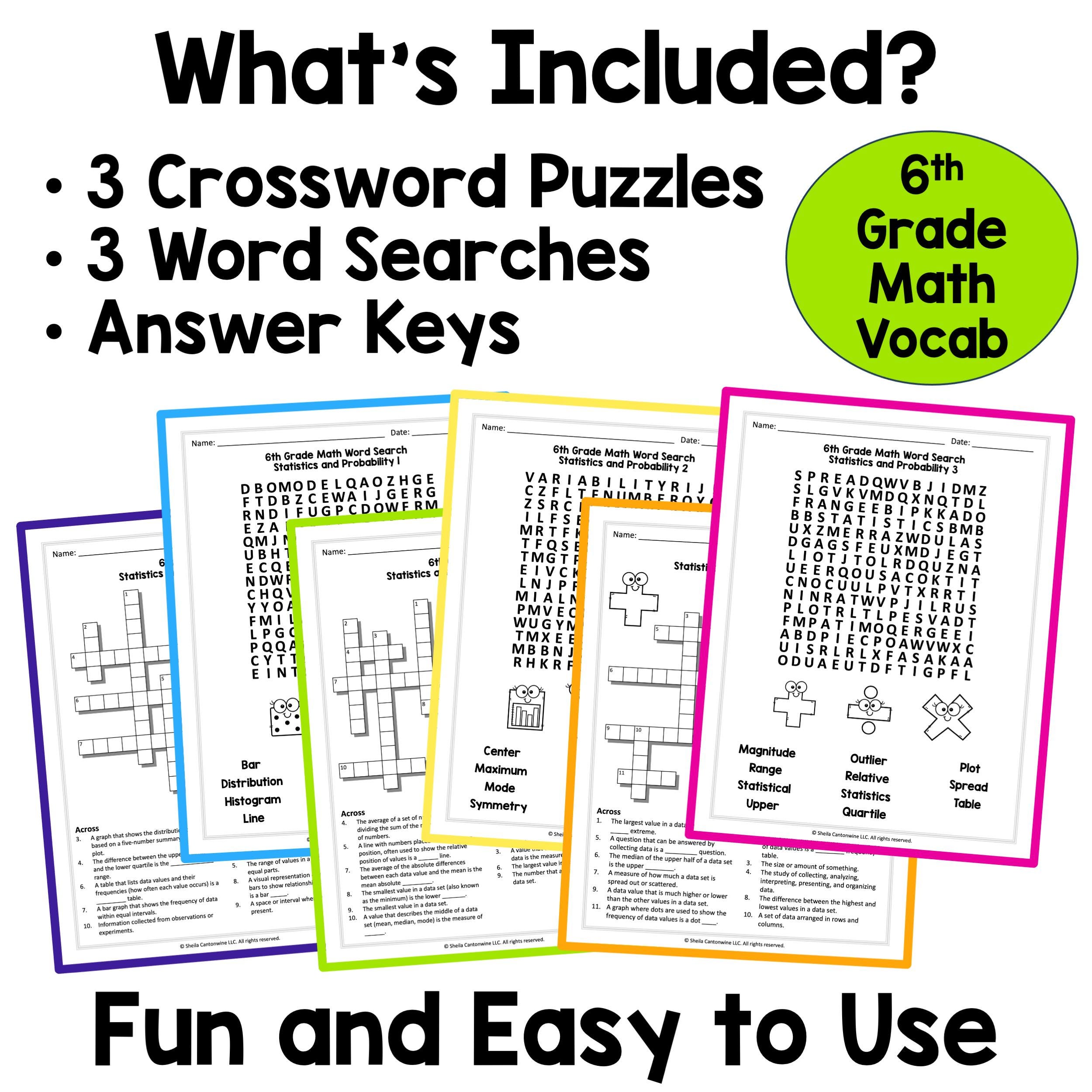 6th Grade Math Vocabulary Crossword Puzzles and Word Searches - No Prep ...
