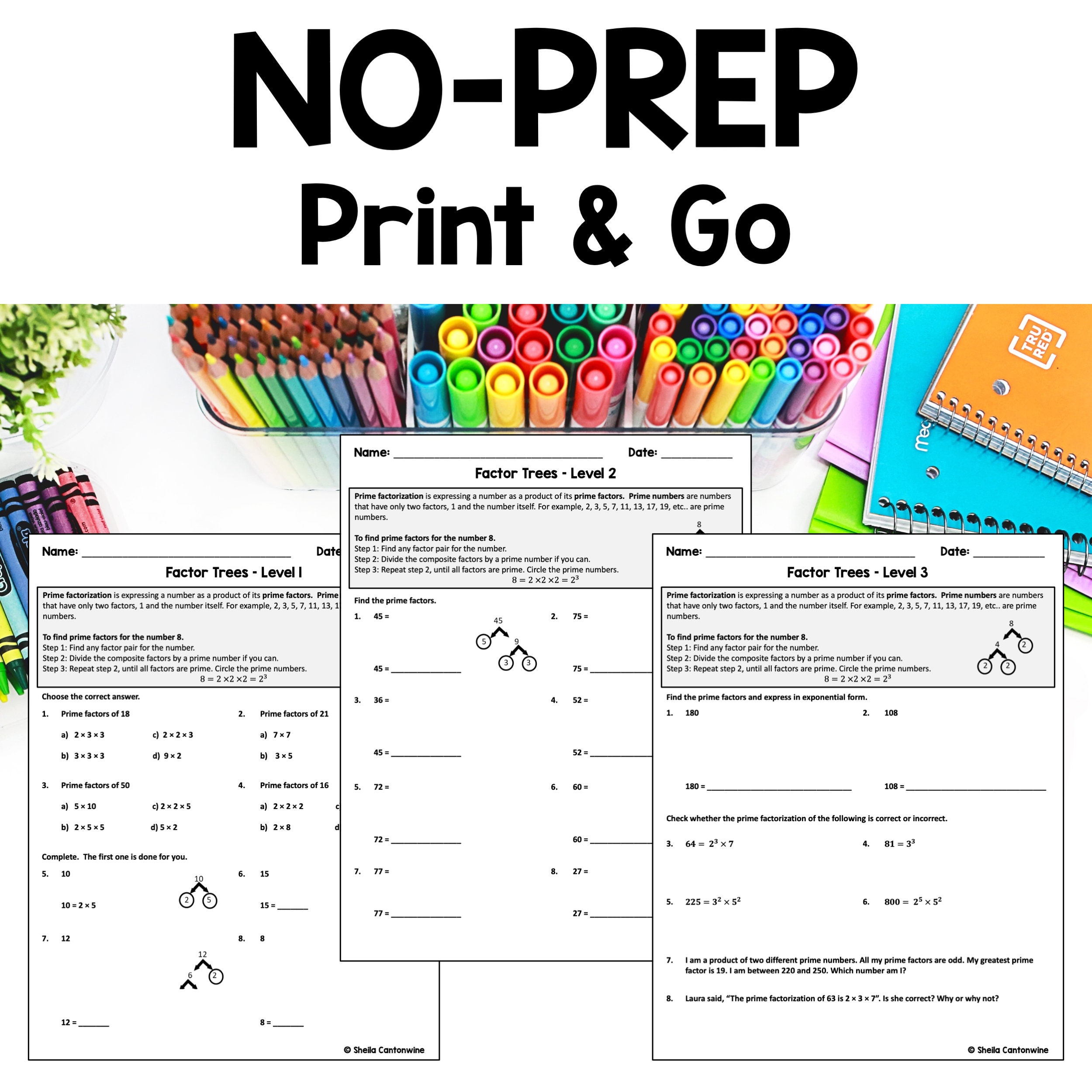 Prime Factorization and Factor Trees Worksheets - Differentiated - Etsy