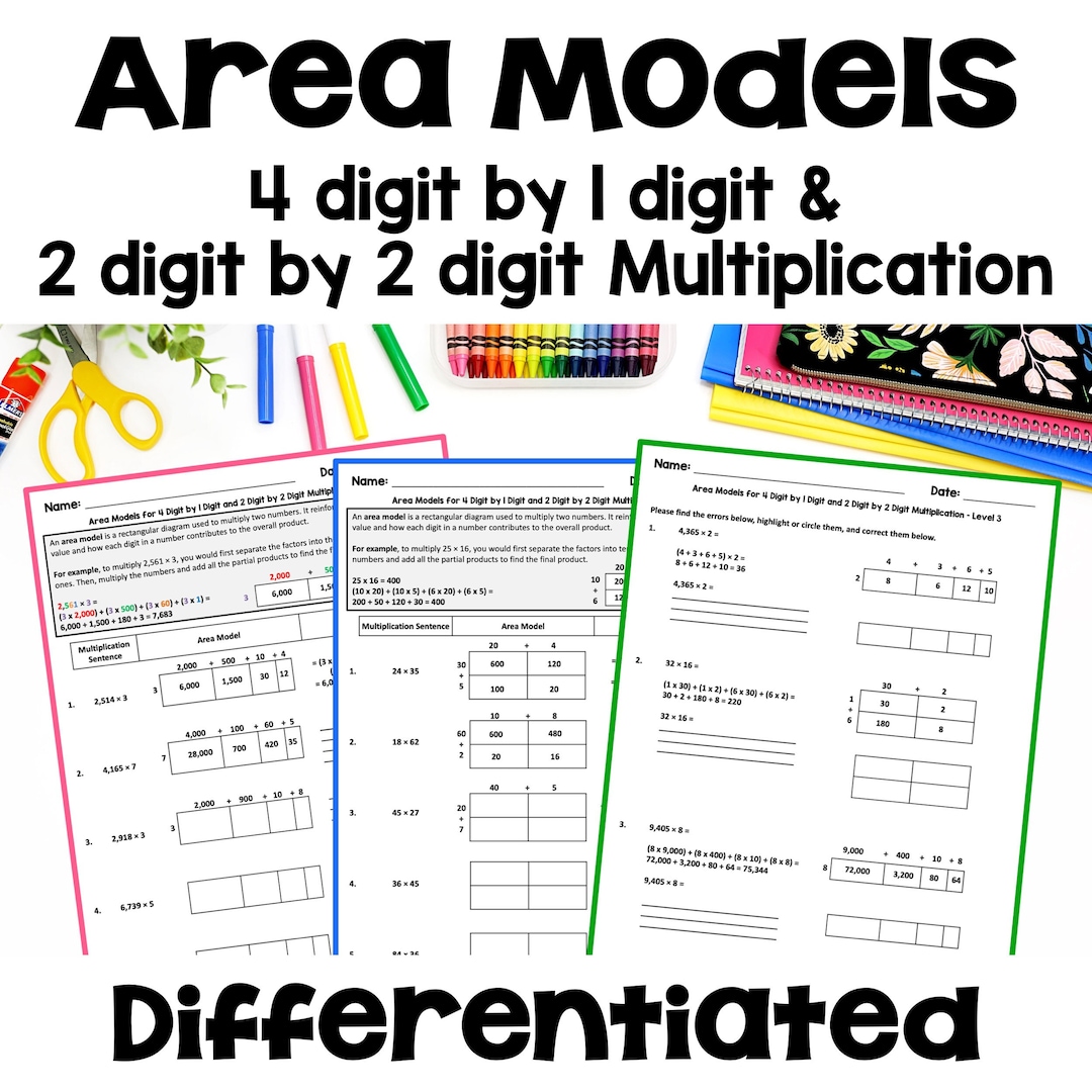Area Model Multiplication Worksheets for 4x1 and 2x2 Multiplication - Etsy