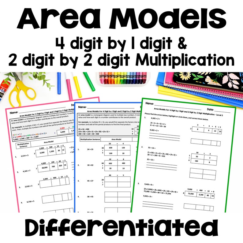 Area Model Multiplication Worksheets for 4x1 and 2x2 Multiplication - Etsy