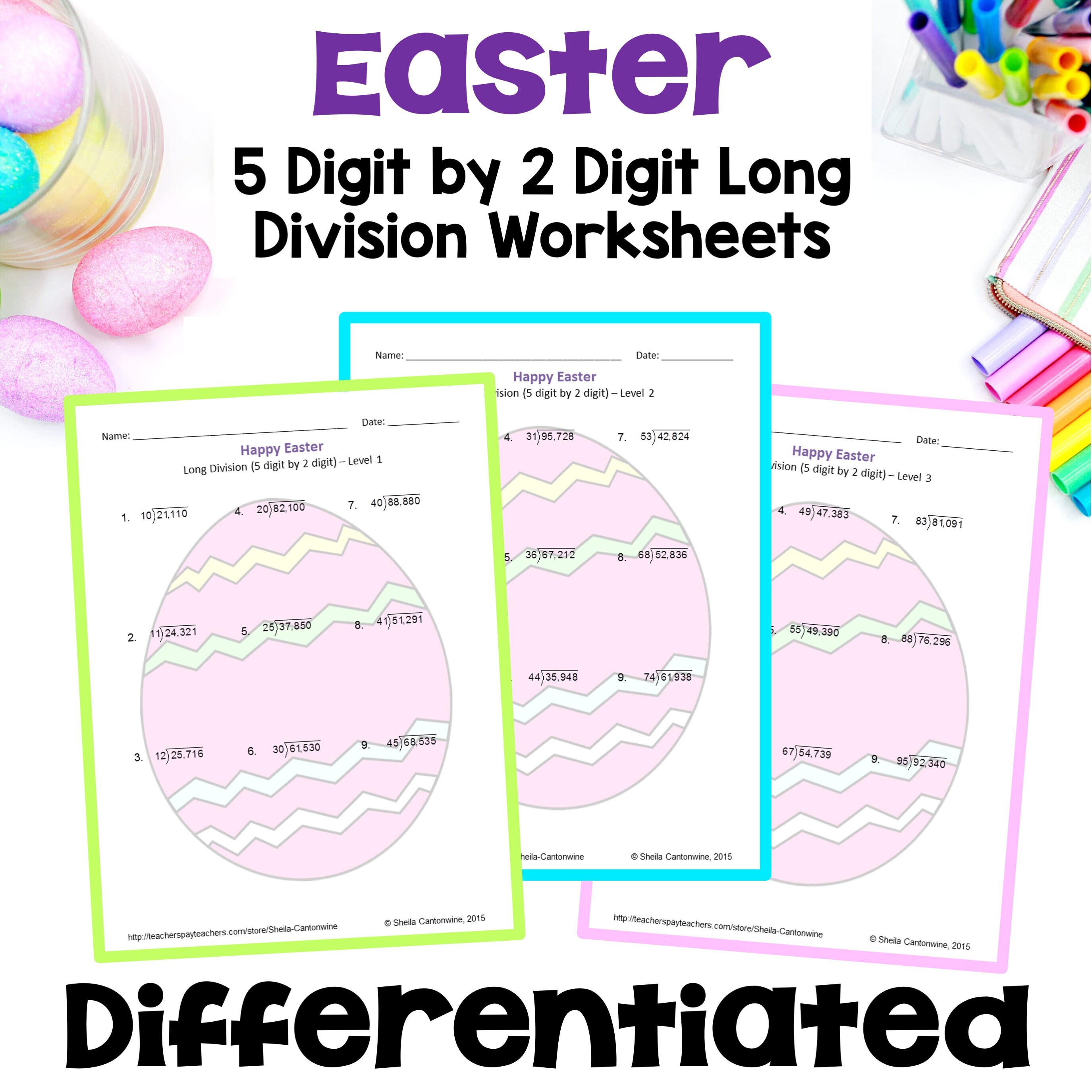 Easter Math 5 Digit by 2 Digit Long Division Worksheets ...