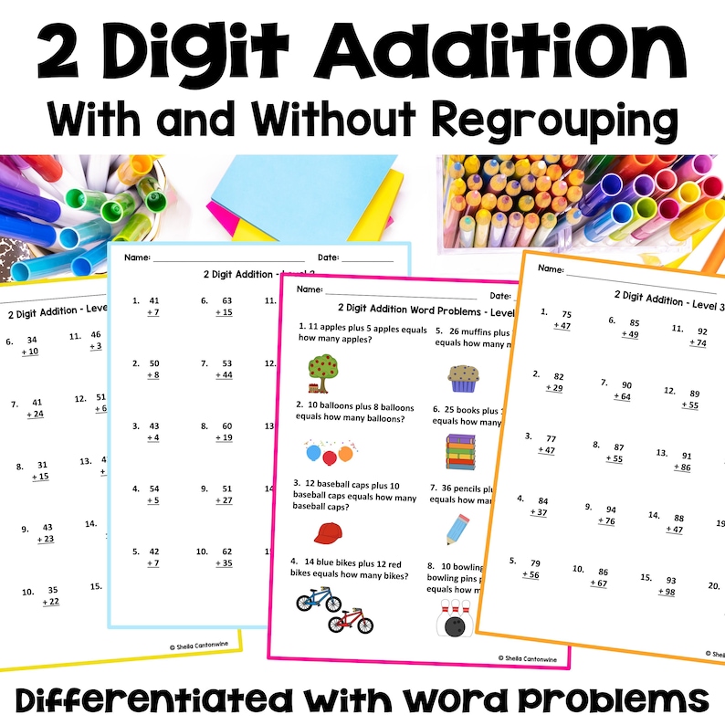 2 Digit Addition Worksheets - Differentiated With Word Problems - Etsy
