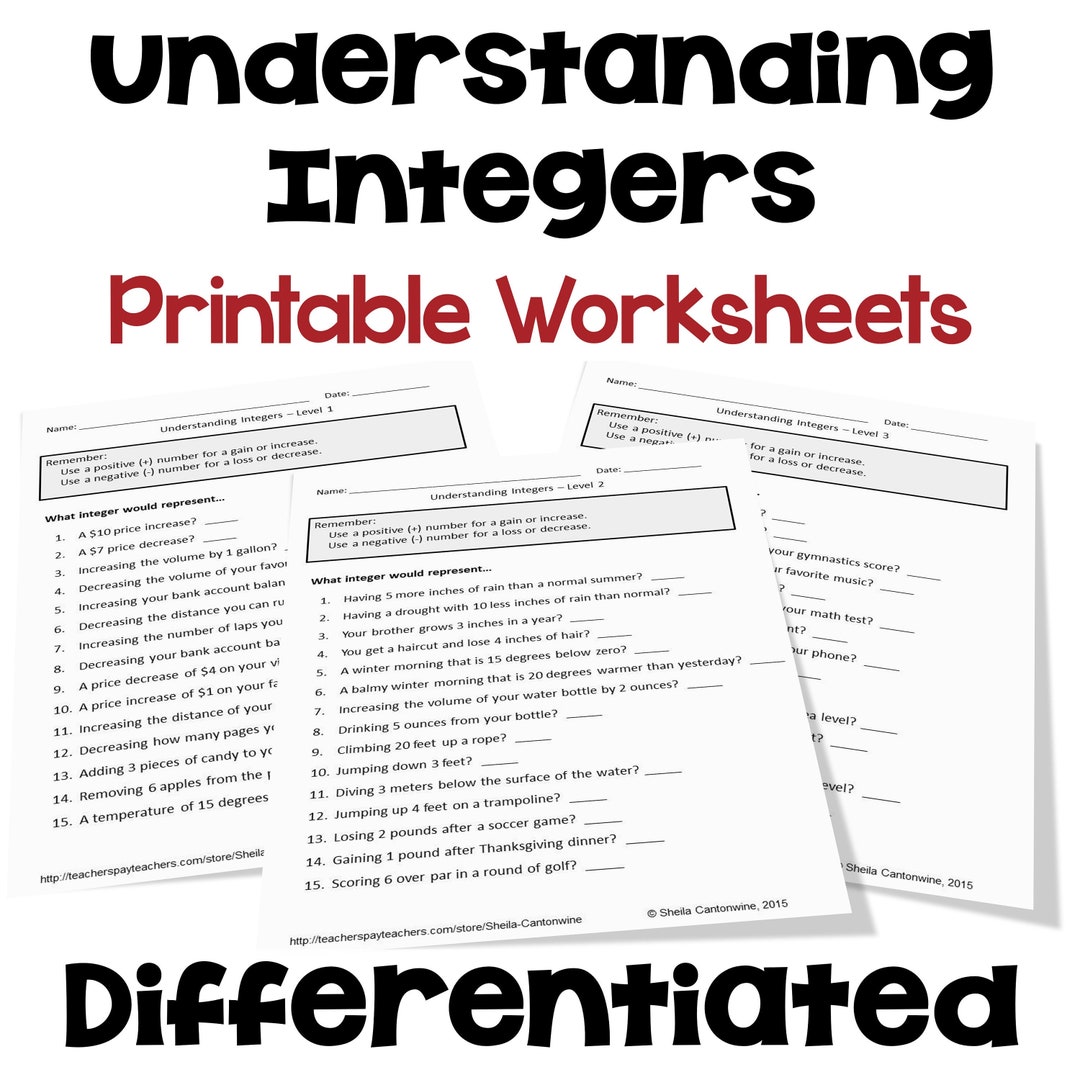 Understanding Integers Worksheets Differentiated - Etsy