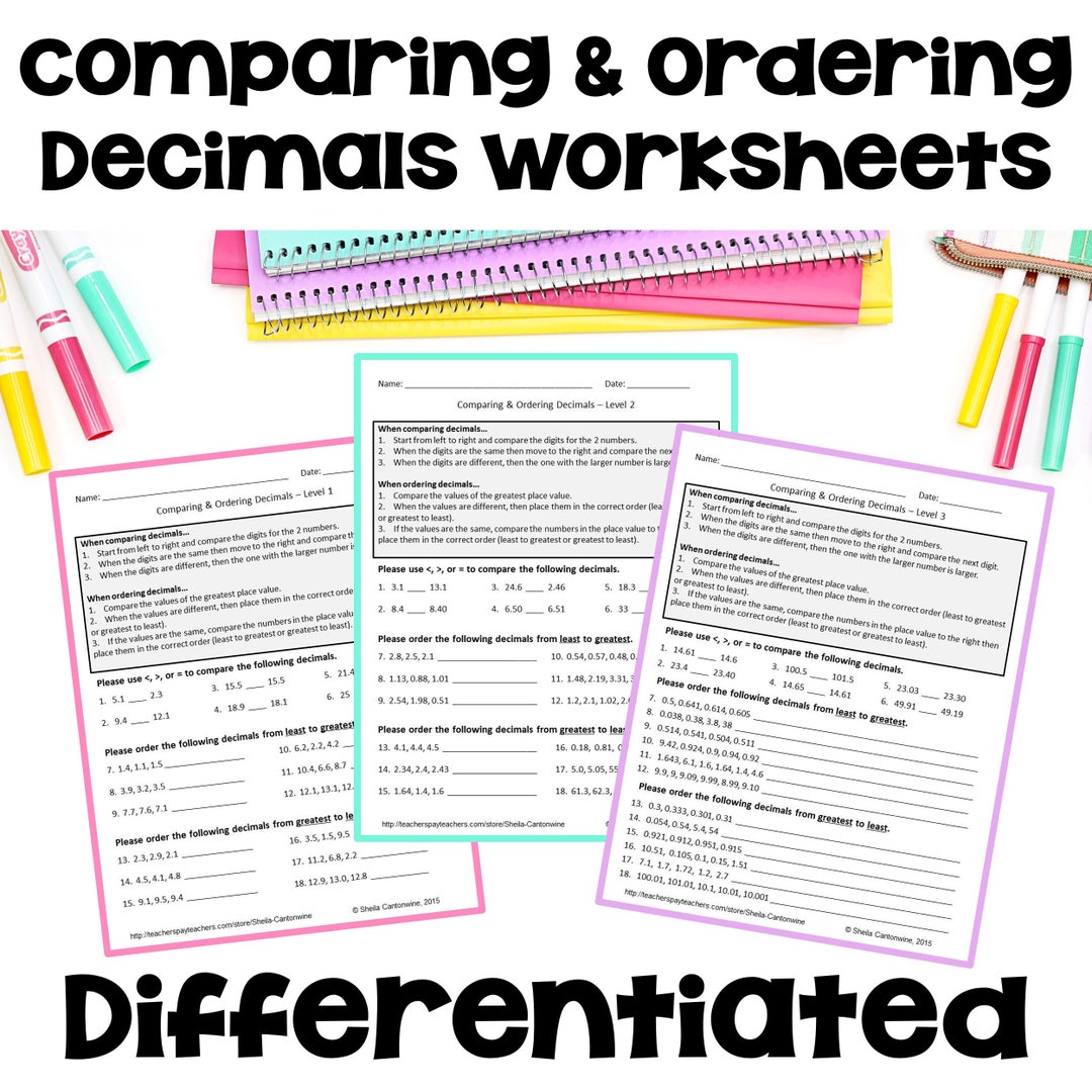 Comparing and Ordering Decimals Worksheets - Differentiated - Etsy