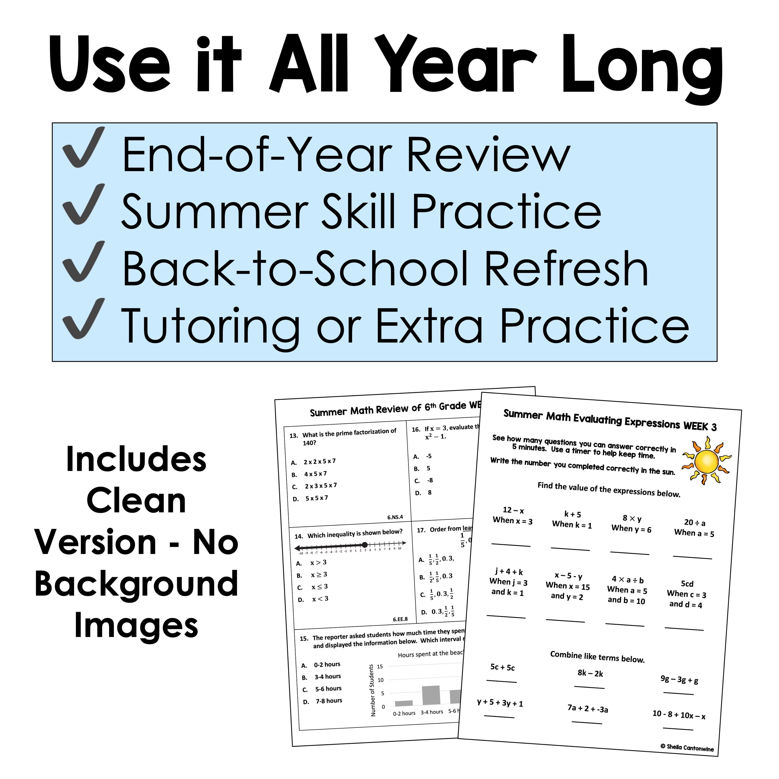 6th Grade Math Summer Review Packet Worksheets - No Prep Activities for ...