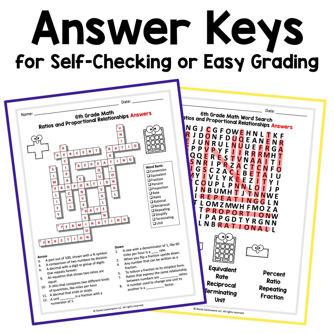 6th Grade Math Vocabulary Crossword Puzzles and Word Searches - No Prep ...