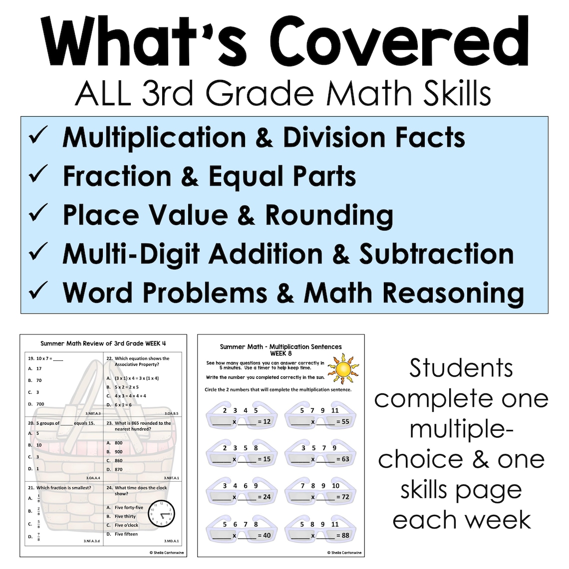 3rd Grade Math Summer Review Packet Worksheets - No Prep Activities for ...