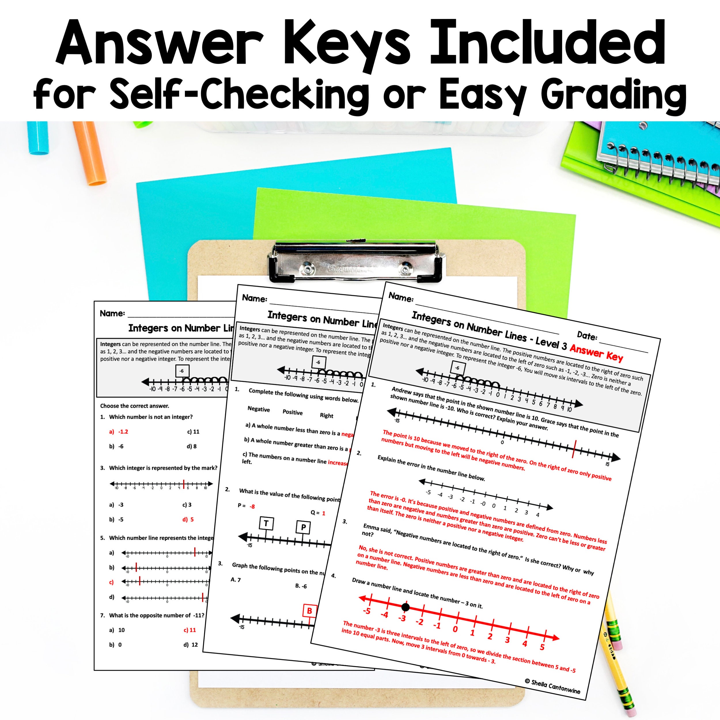 Integers on Number Lines Worksheets - Differentiated - Etsy