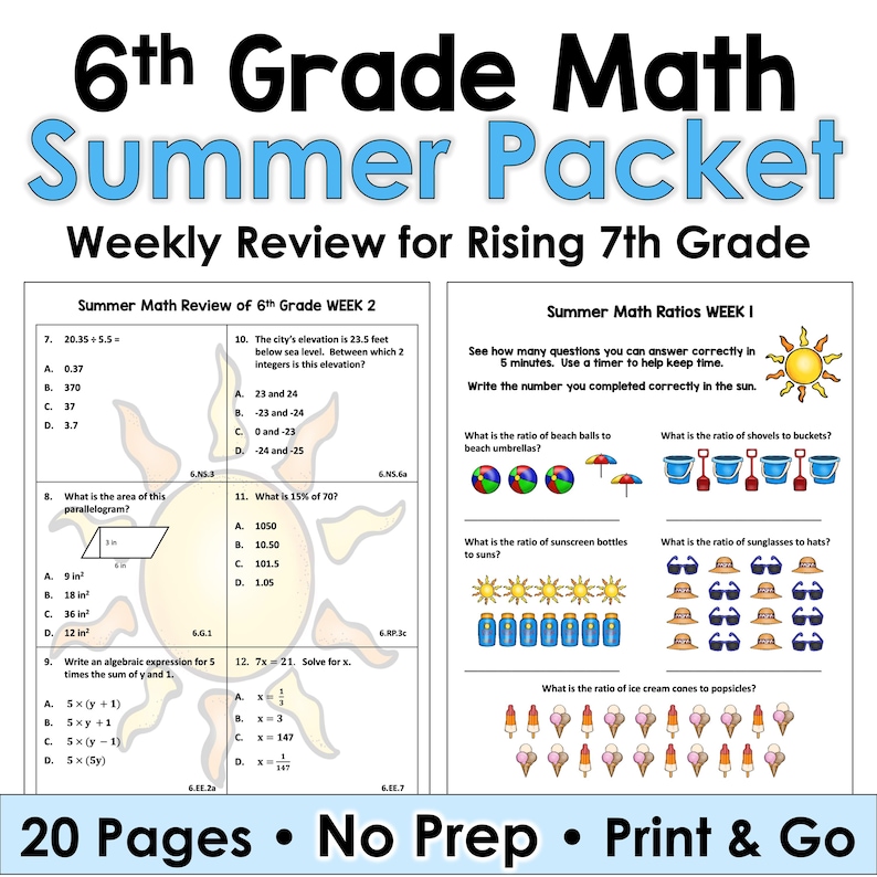6th Grade Math Summer Review Packet Worksheets - No Prep Activities for ...
