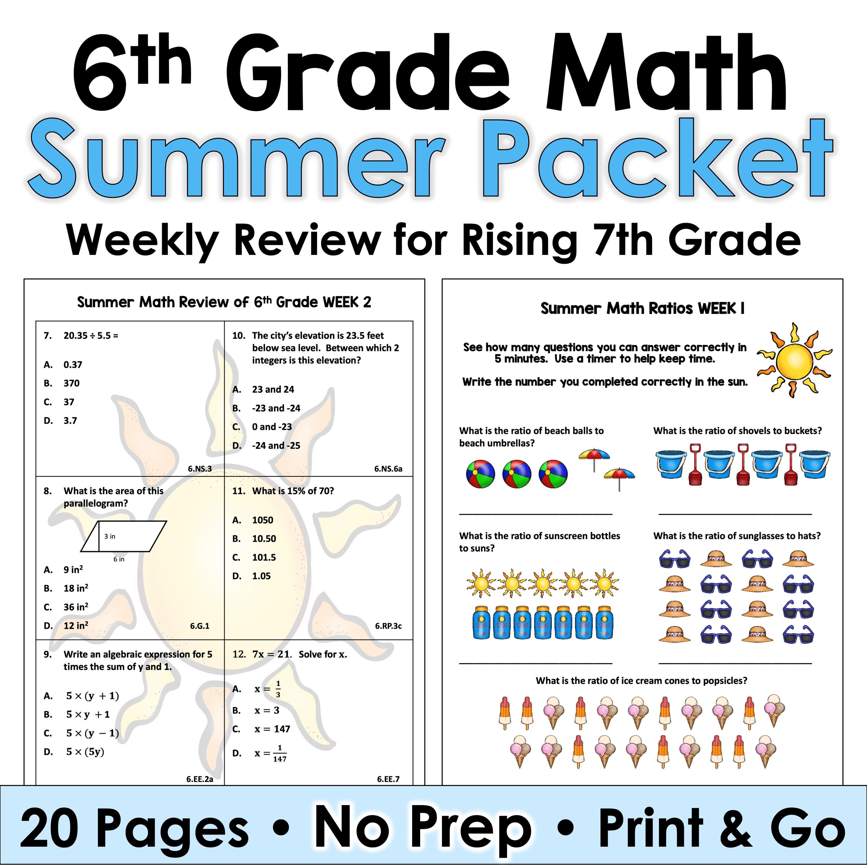 6th Grade Math Summer Review Packet Worksheets - No Prep Activities for ...