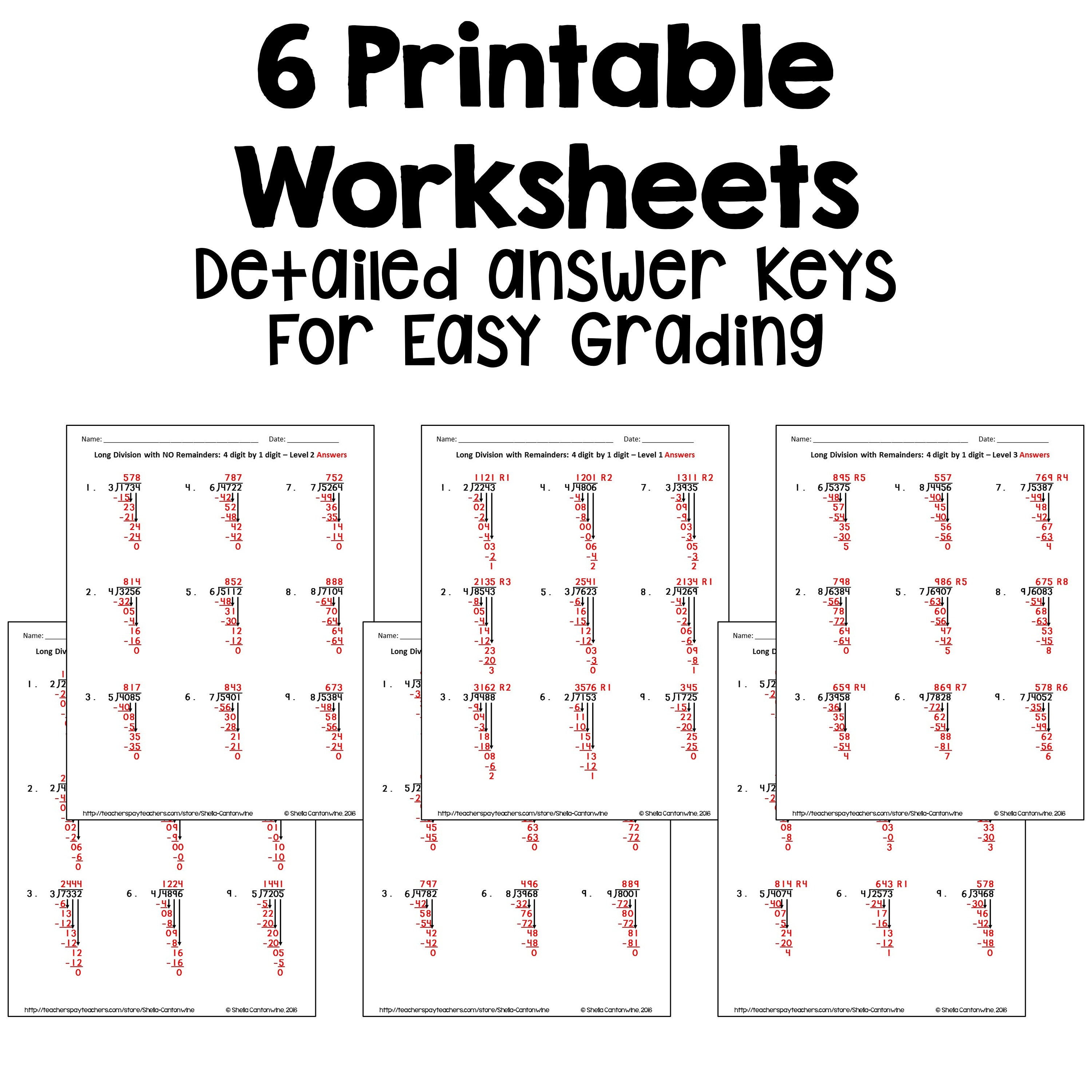 4 Digit by 1 Digit Long Division Worksheets With Detailed - Etsy