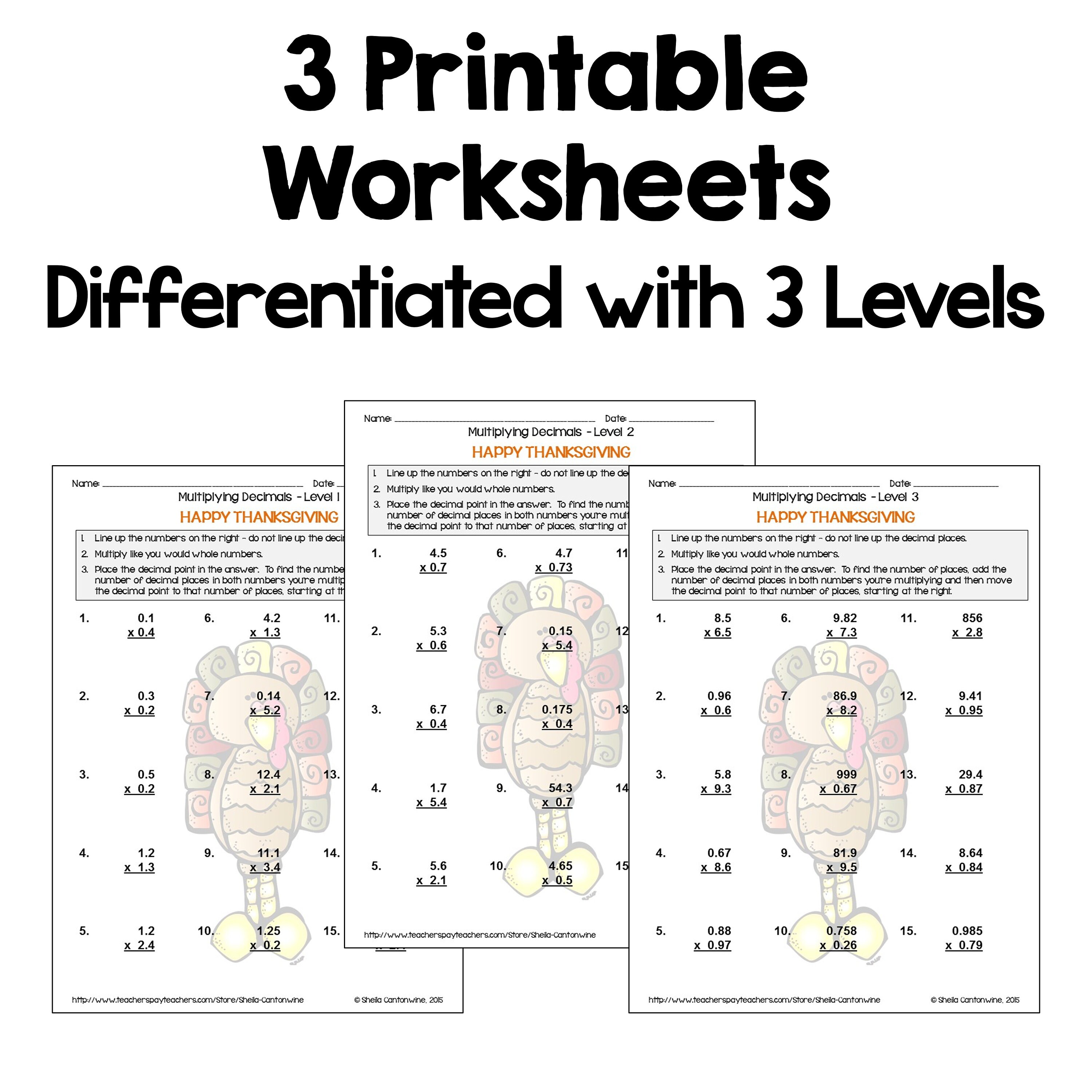 Thanksgiving Math Multiplying Decimals Worksheets – Differentiated - Etsy