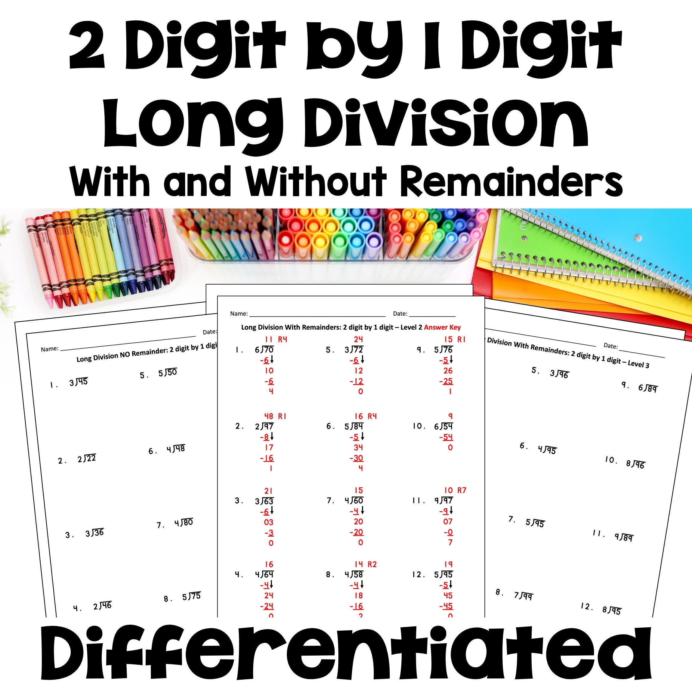 2 Digit by 1 Digit Long Division Worksheets With Detailed Answer Keys ...