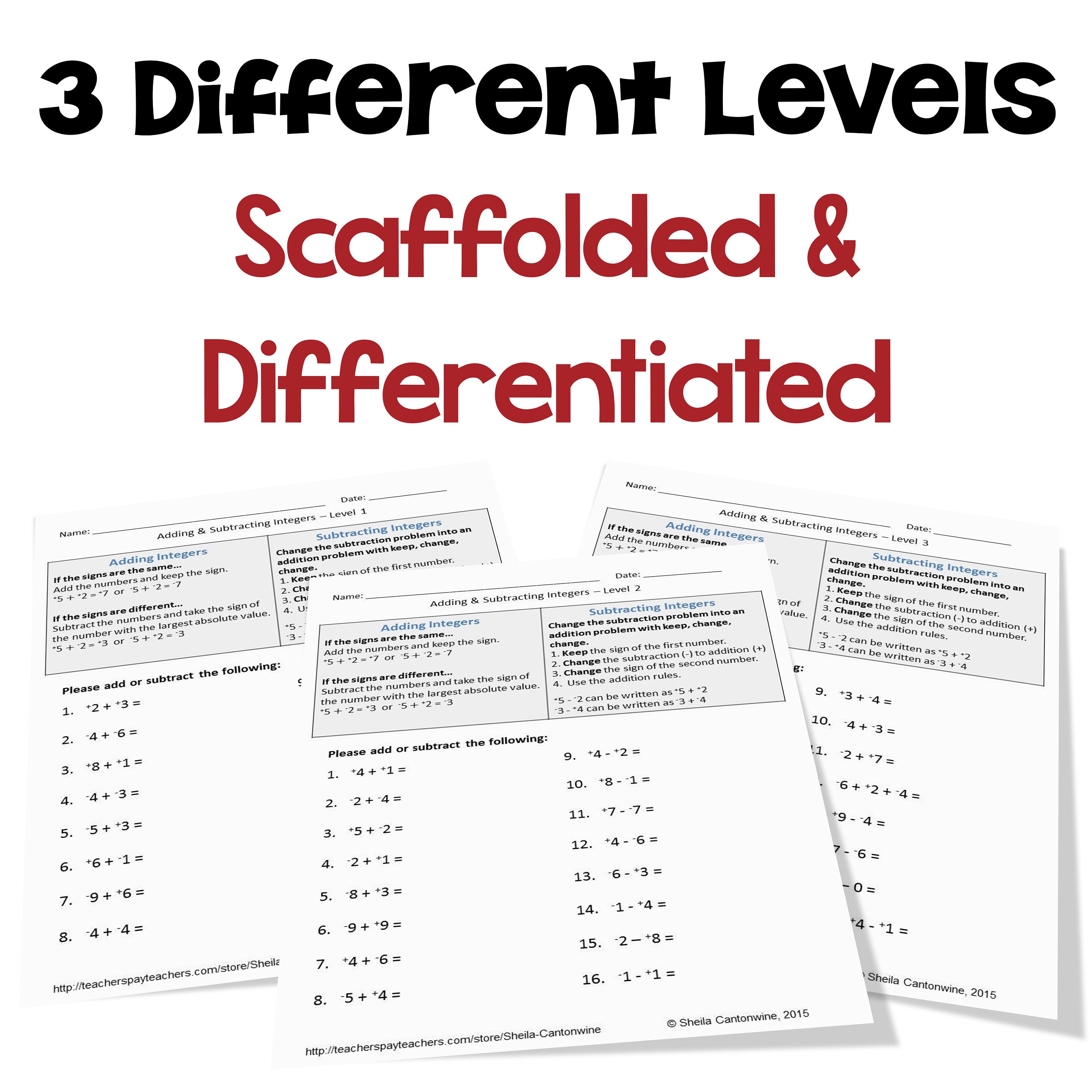 Adding and Subtracting Integers Worksheets Differentiated - Etsy