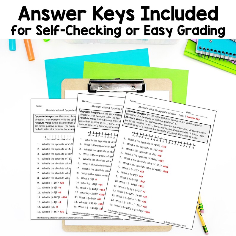 Absolute Value and Opposite Integers Worksheets - Differentiated - Etsy